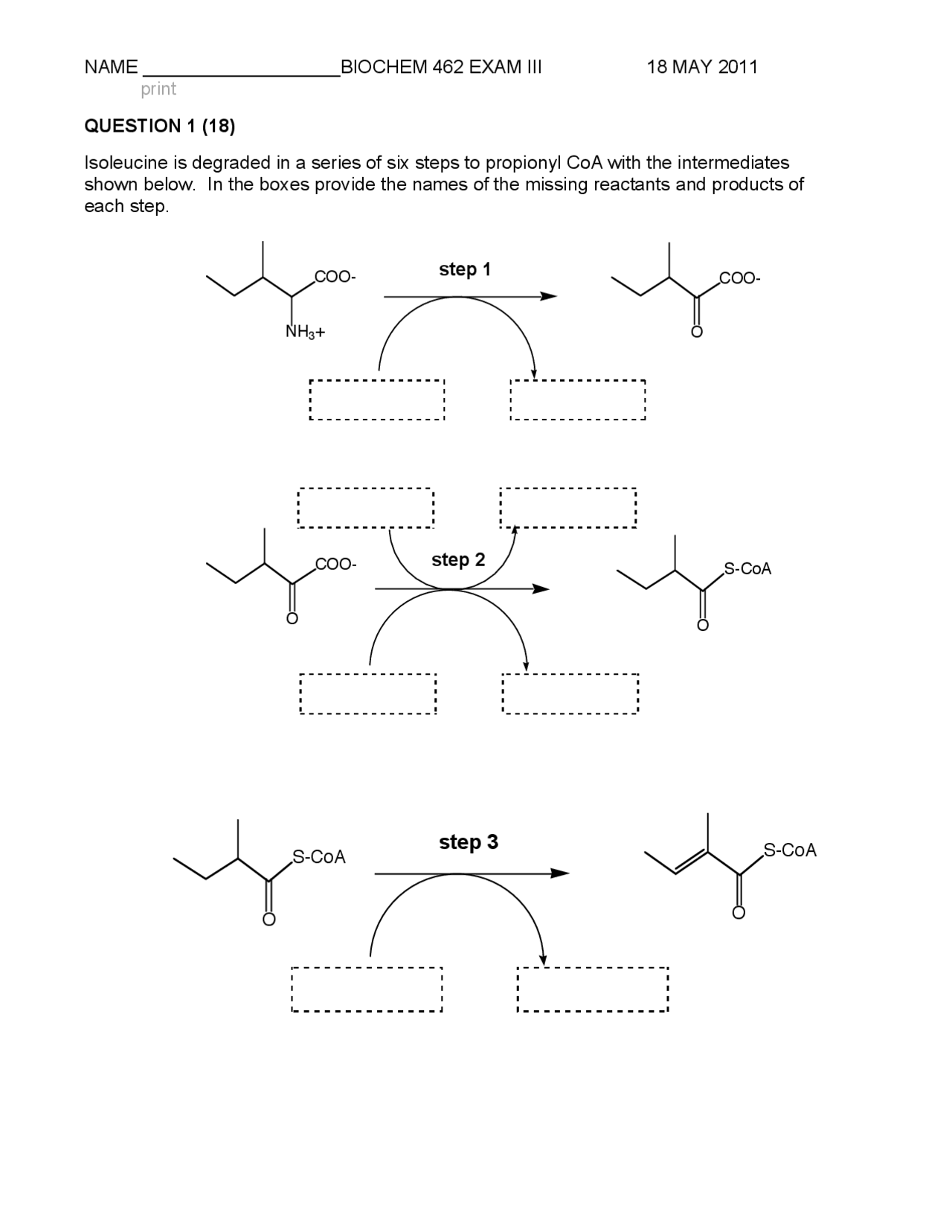 Exam Iii Questions Biochemistry Ii Fall 2011 Bchm 462 Docsity