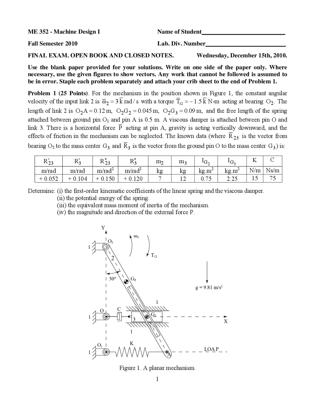 Past Paper Solutions Machine Design I Fall 2010 Me 35200 Docsity