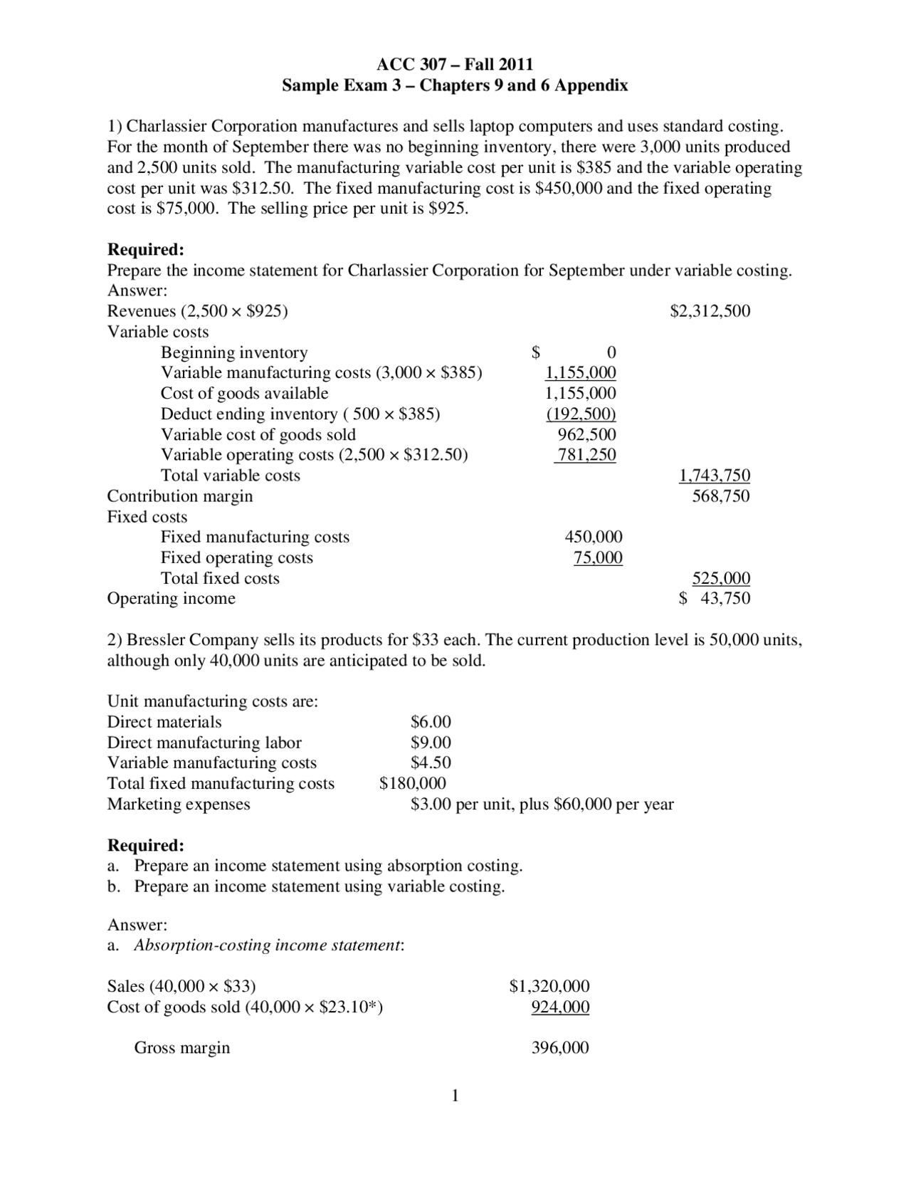 Final Exam With Solution Manual Cost Accounting Acc 307 Docsity