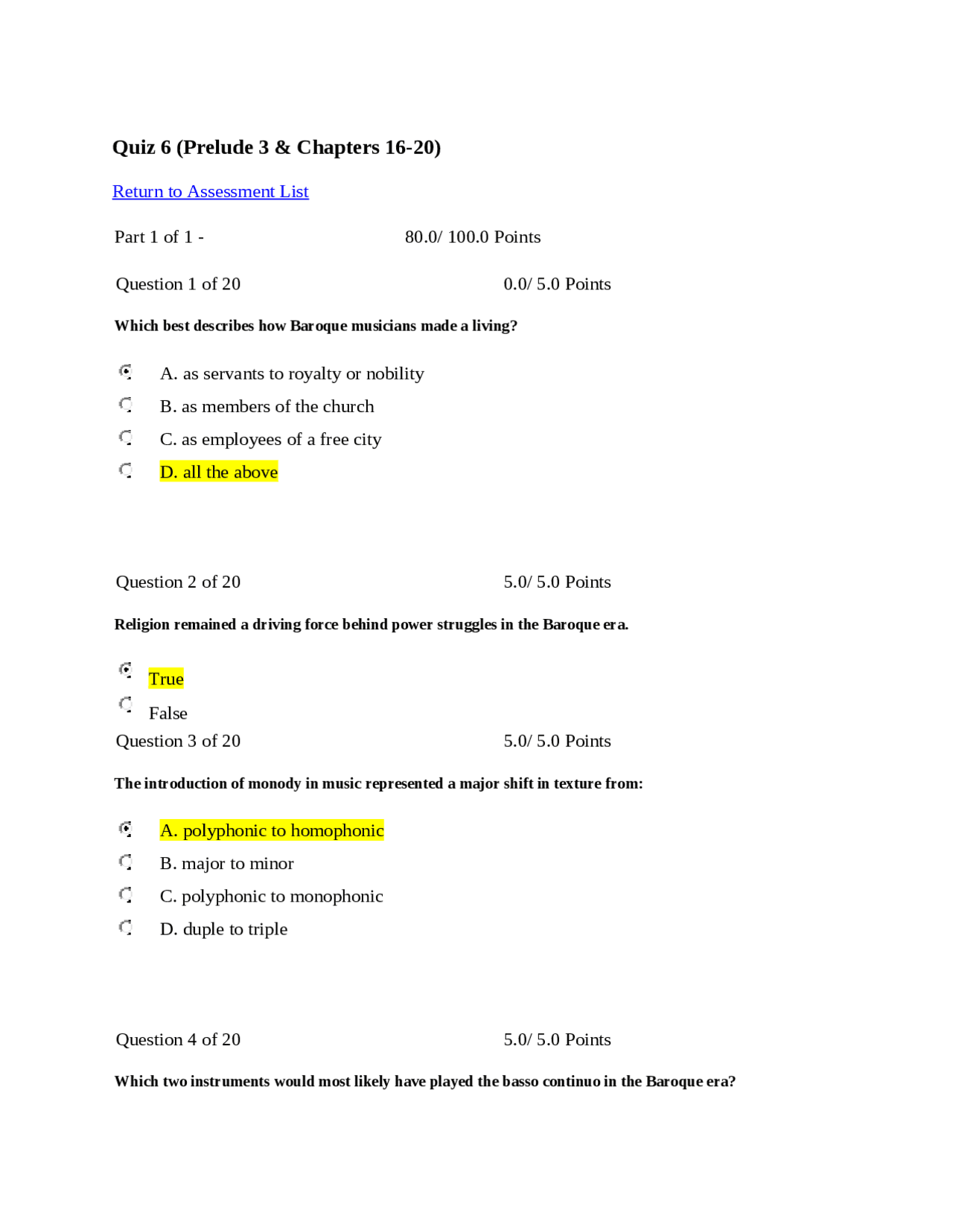 Quiz 6 Return To Assessment Music Appreciation Mus 1104 Docsity