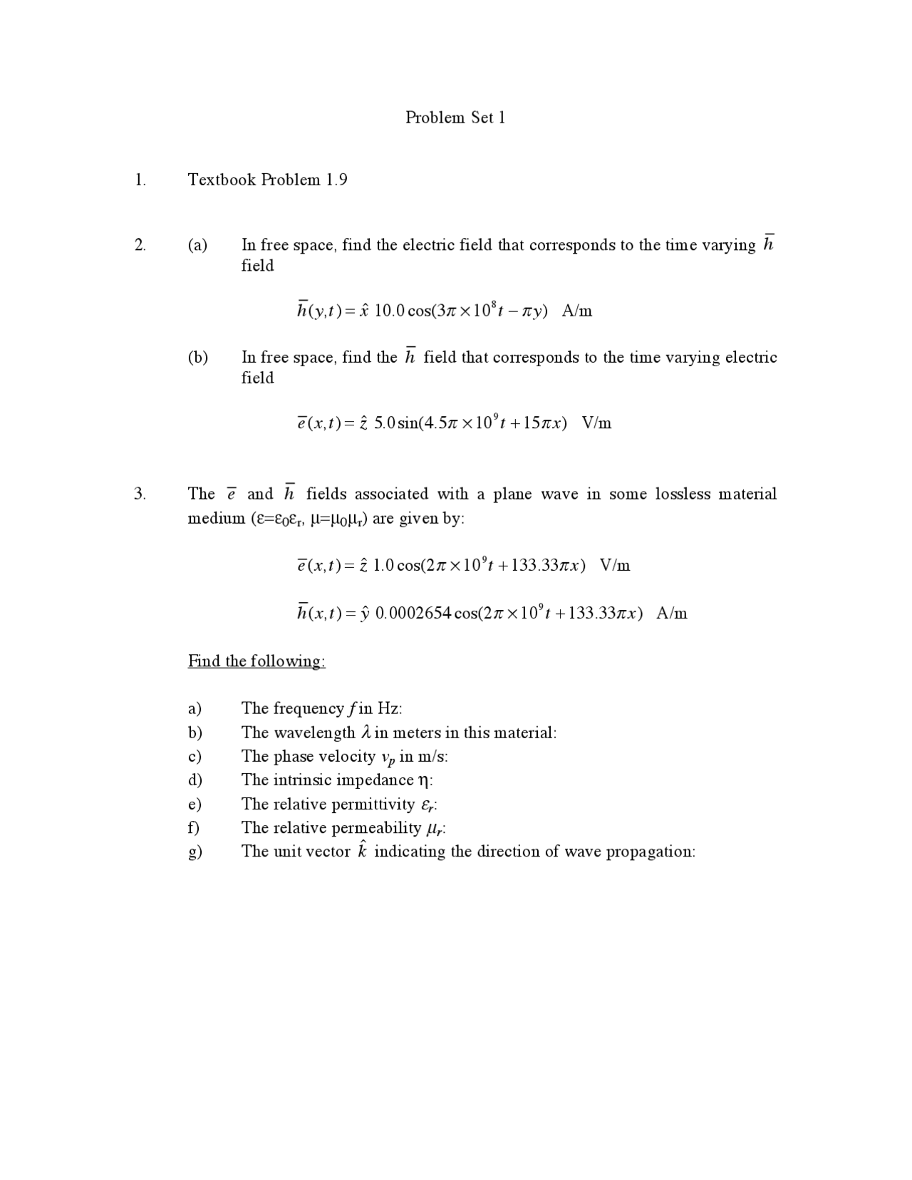 5 Questions On Applied Electromagnetics Problem Set 1 Ece 6350