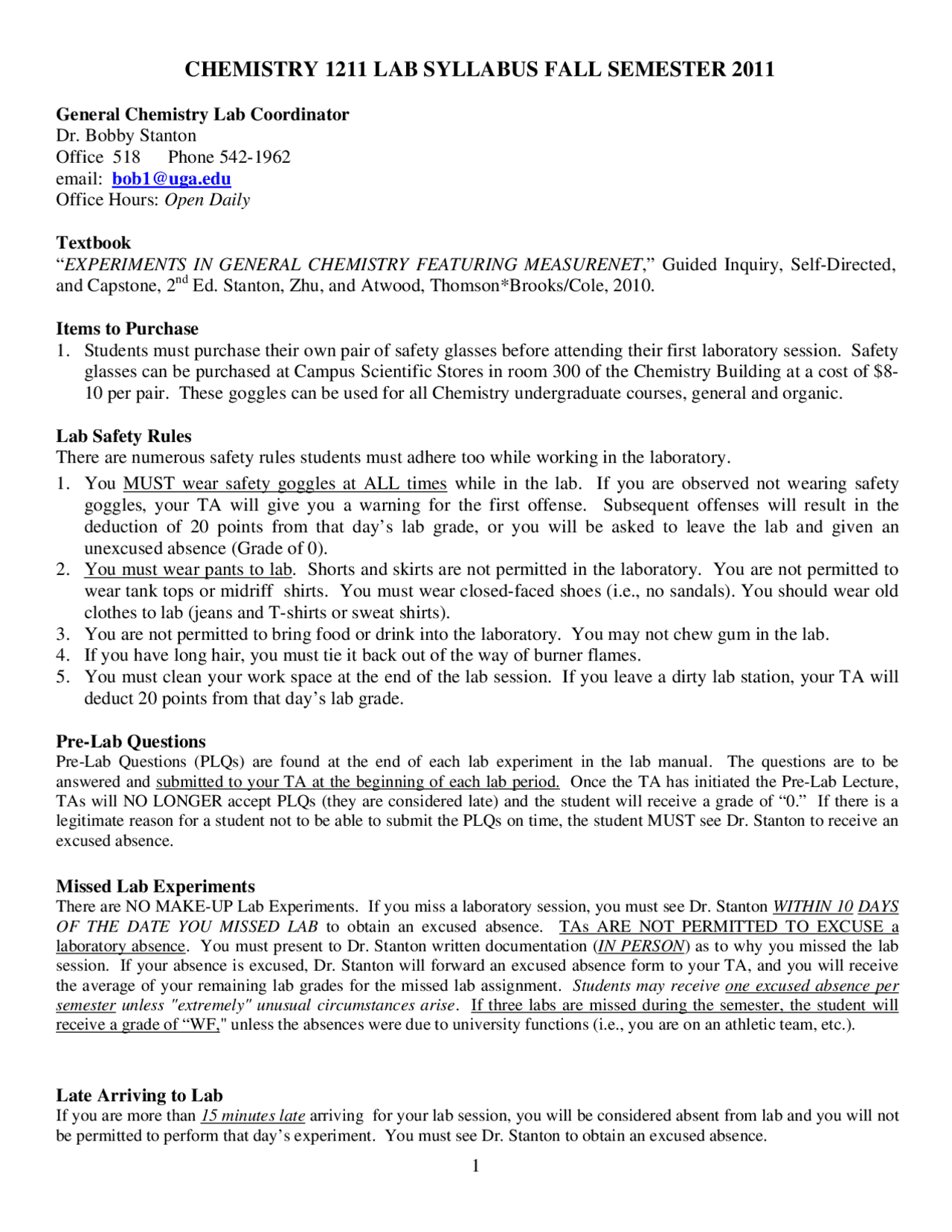 Syllabus for Freshman Chemistry Laboratory I | CHEM 1211L - Docsity