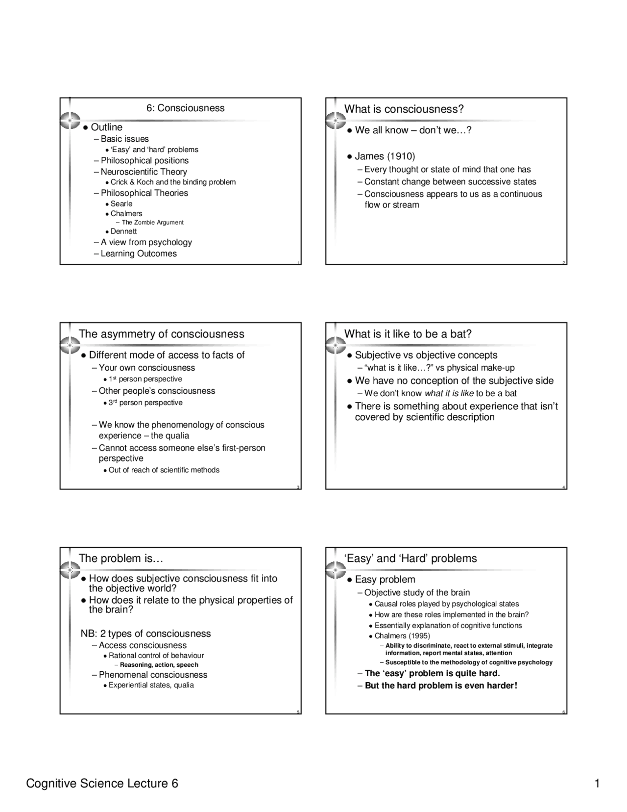 Cognitive Science Consciousness Lecture Notes Psychology Docsity