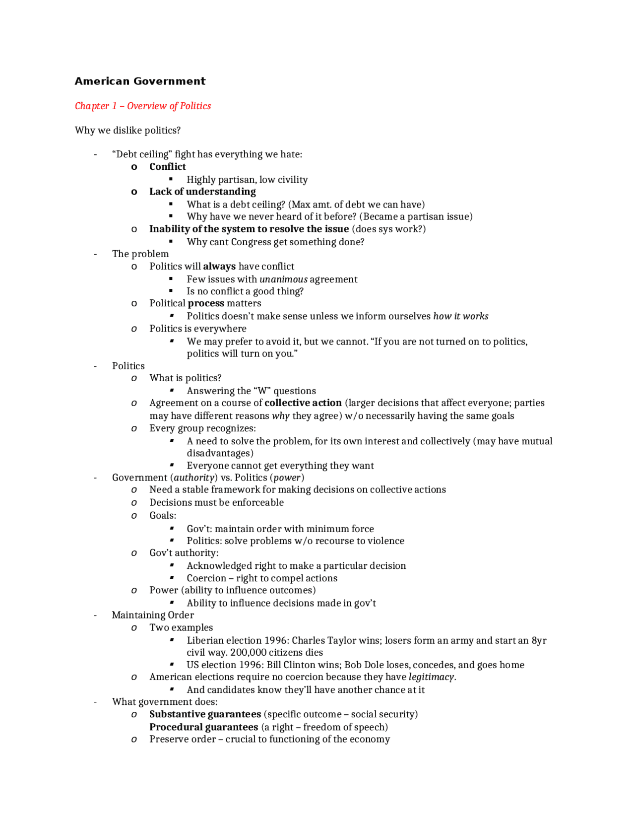 Overview of Politics, The Constitution - Review Sheet | POLS 1101 - Docsity