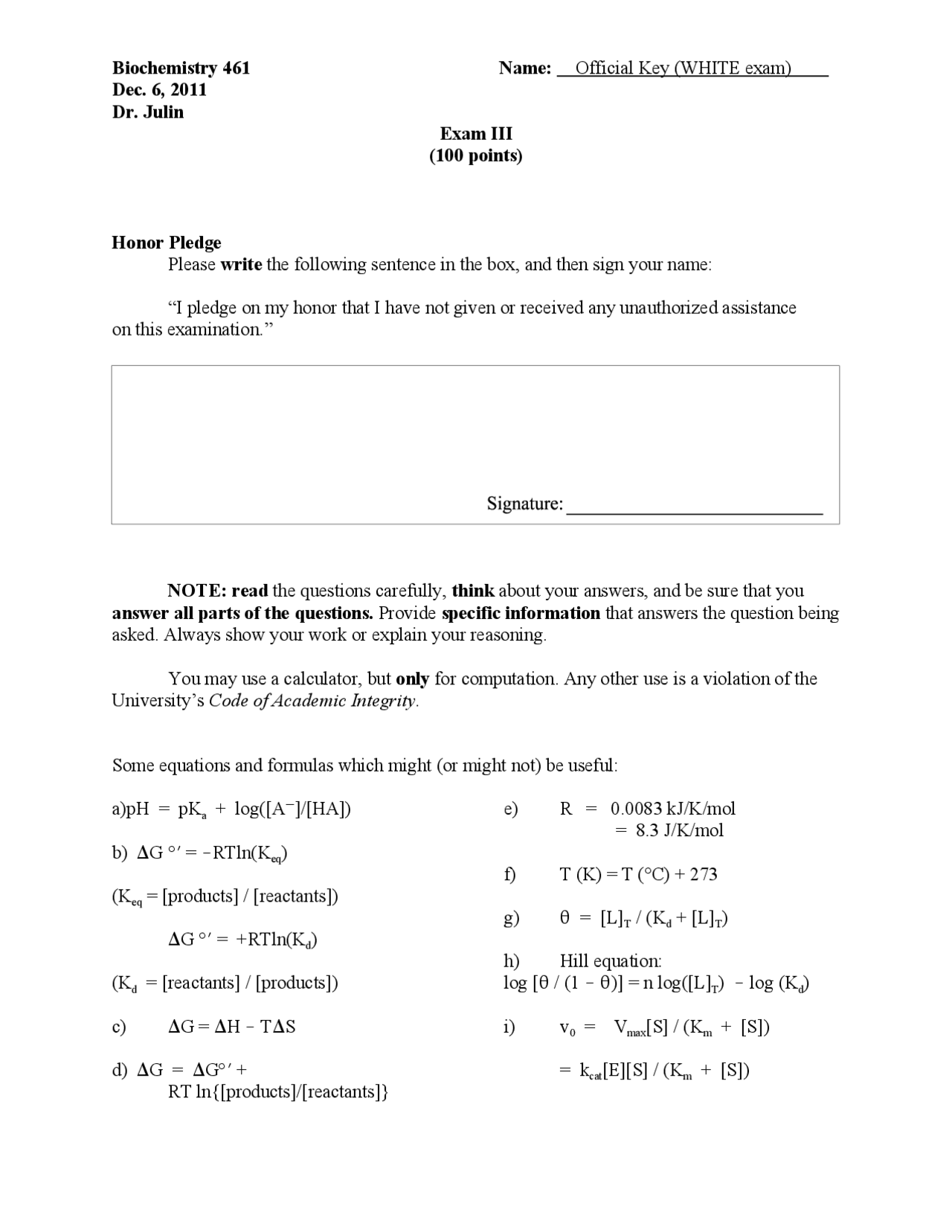 Exam 3 Questions On Biochemistry I With Formula Sheet Bchm 461 Docsity