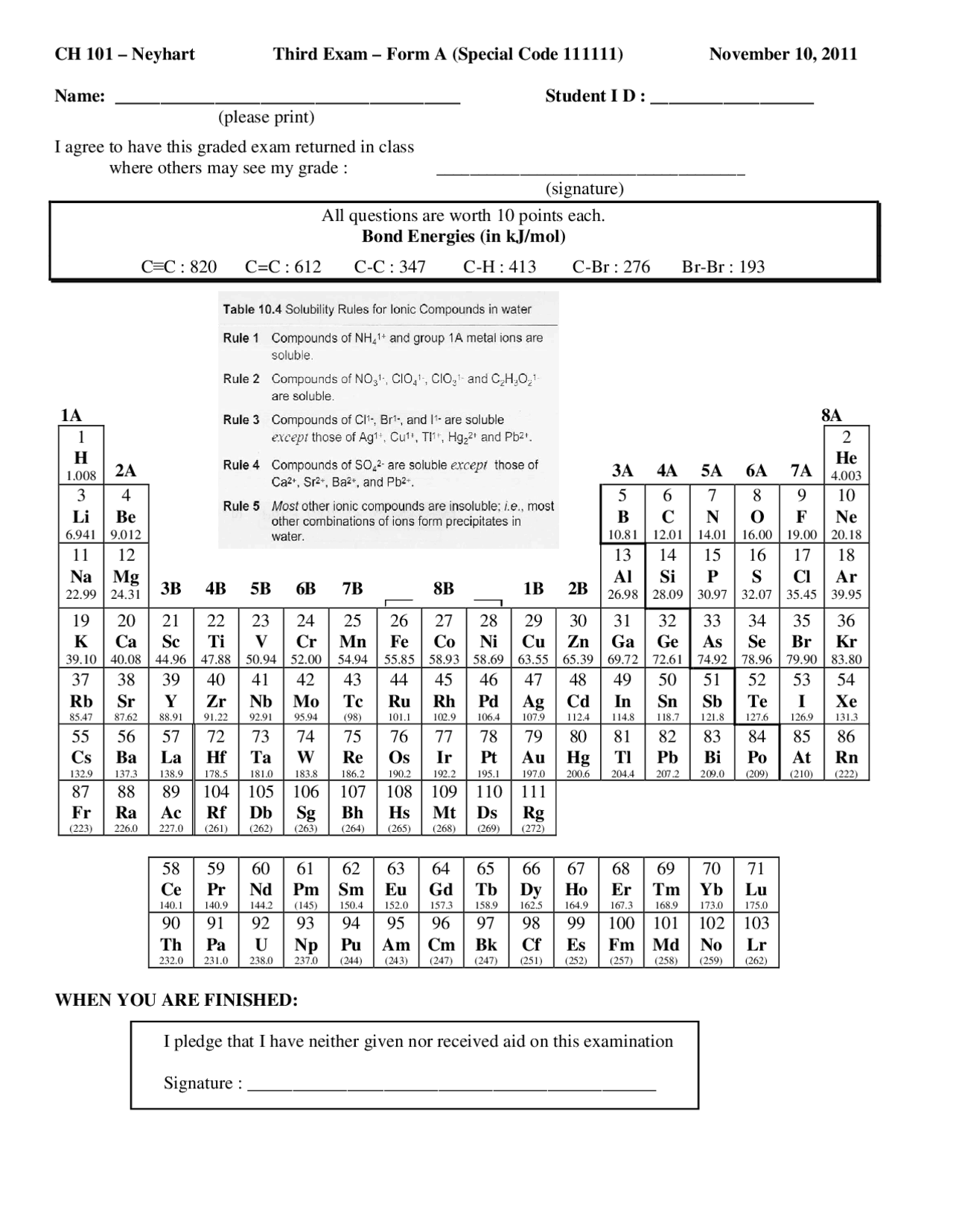 Chemistry A Molecular Science Exam 3 Form A With Solution Ch 101