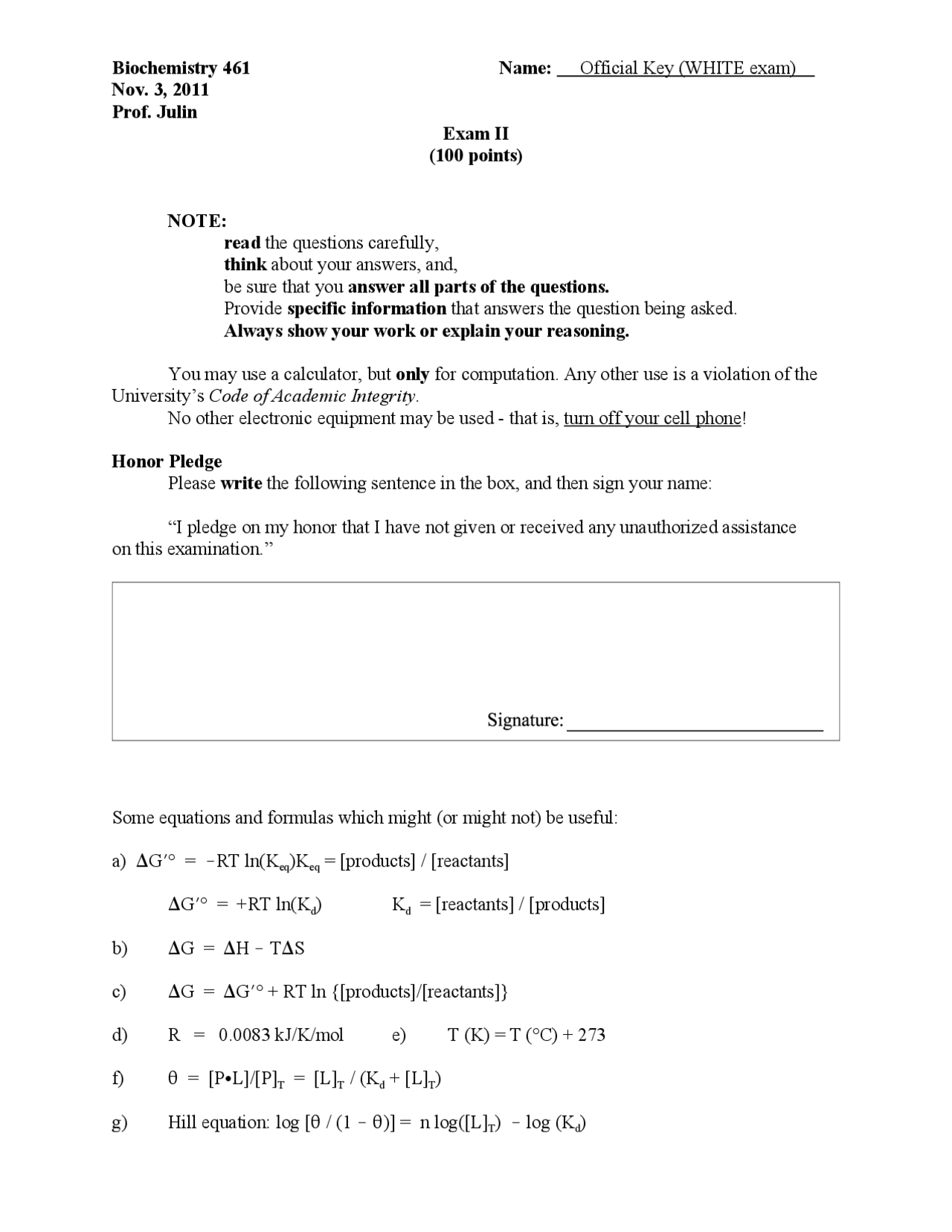 Official Answers Key For Exam 2 Biochemistry I Bchm 461 Exams