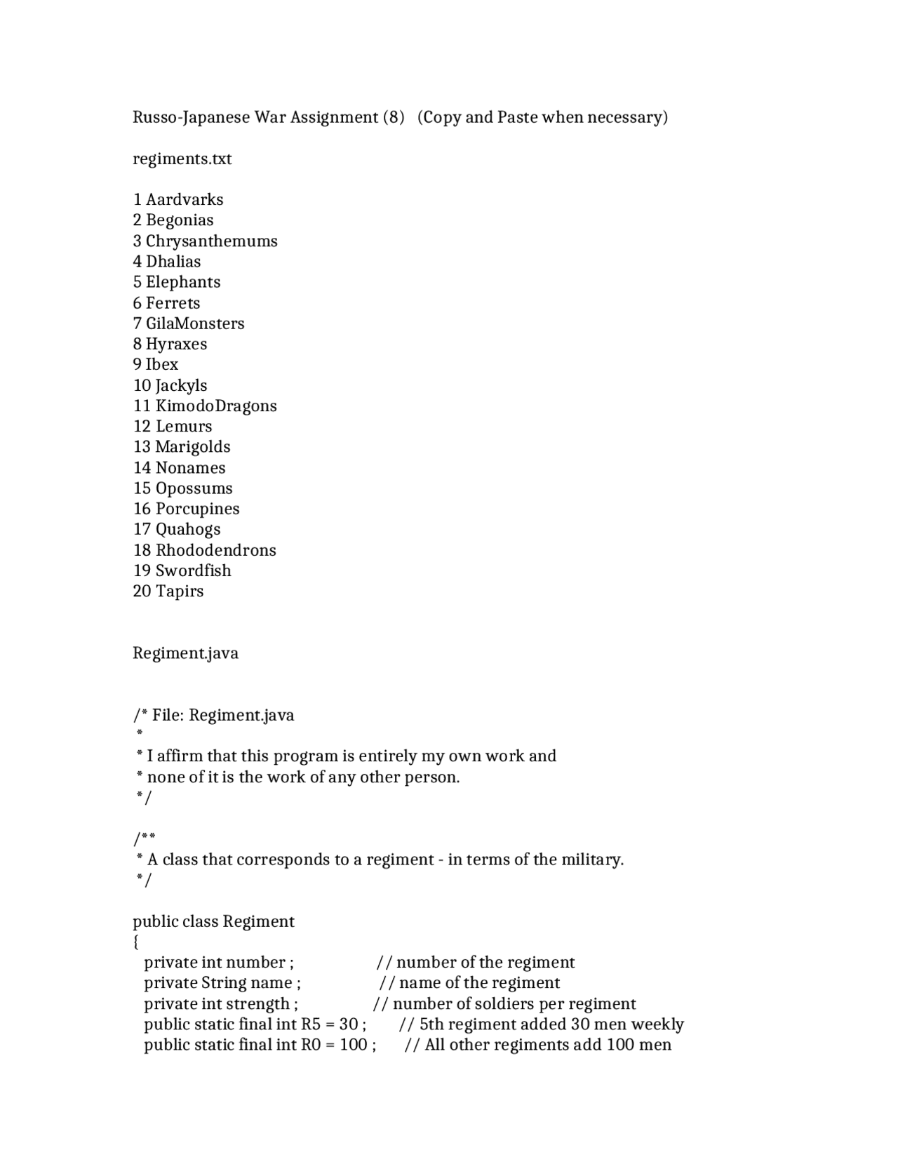 Russo-Japanese War Assignment - Programming I | COP 2210 - Docsity