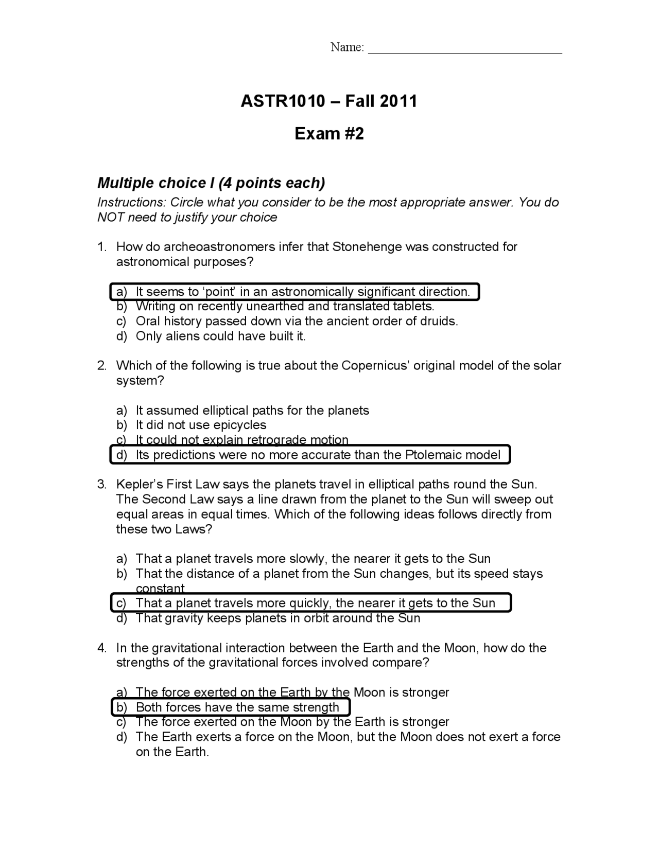 Exam 2 With Answers Introduction To Modern Astronomy I Astr 1010