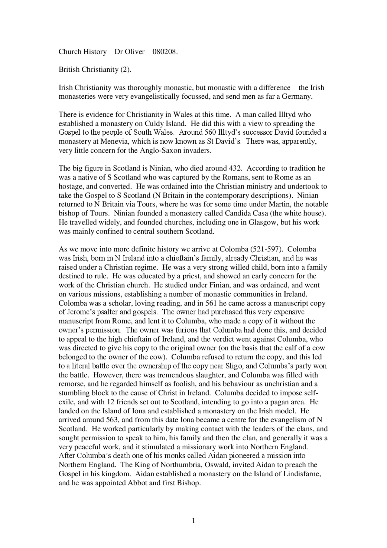 Church History - Lecture Notes -United Kingdom History - Dr Oliver ...