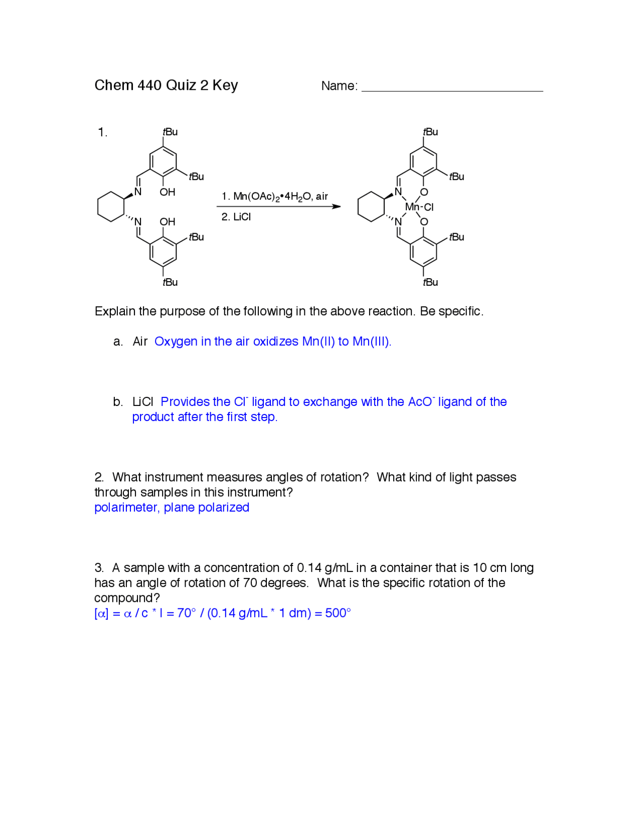 Quiz 2 With Answer Key For Advanced Organic Chemistry Laboratory Chem
