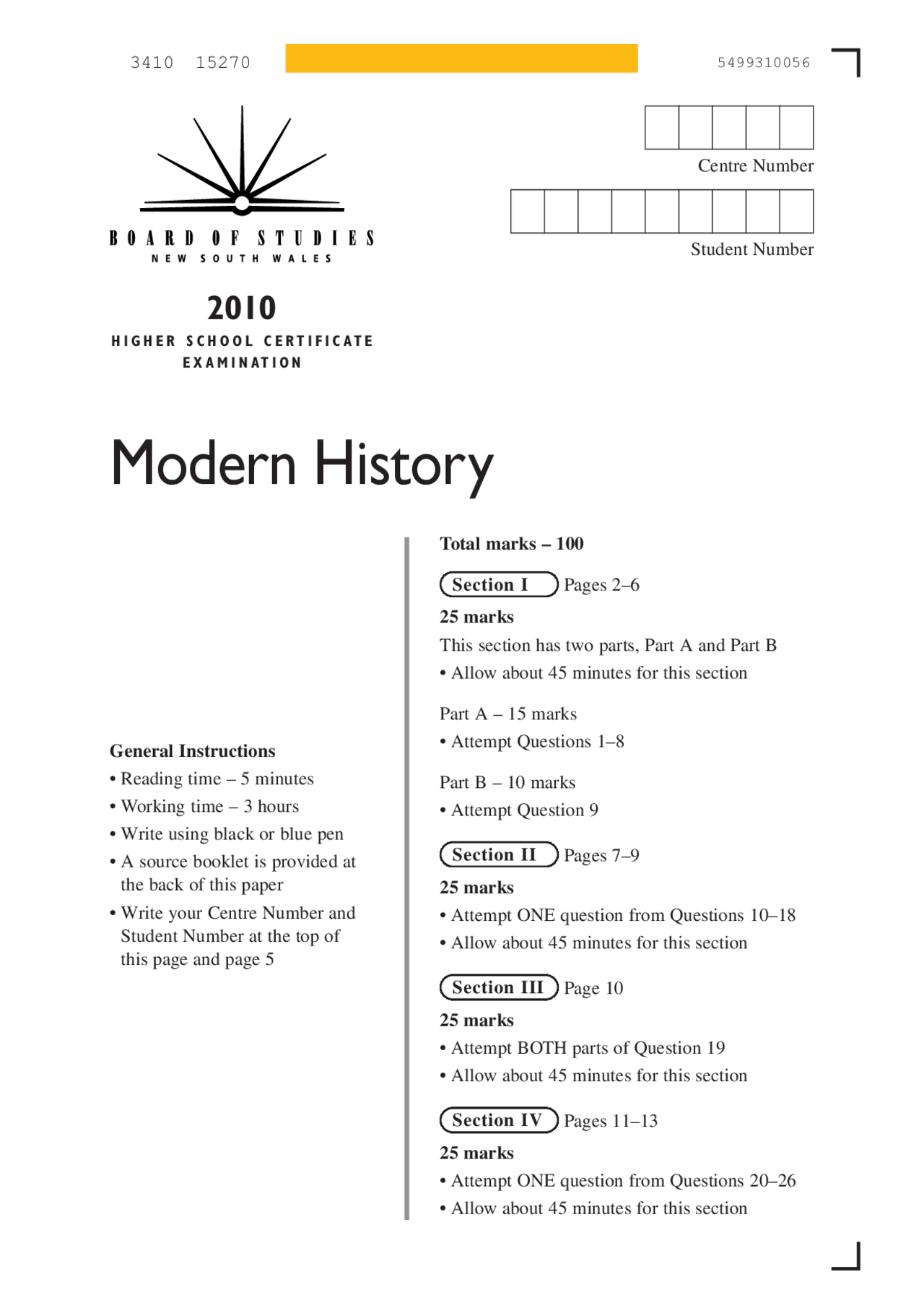 Modern History - Exam Paper 2010 - United Kingdom History - Docsity