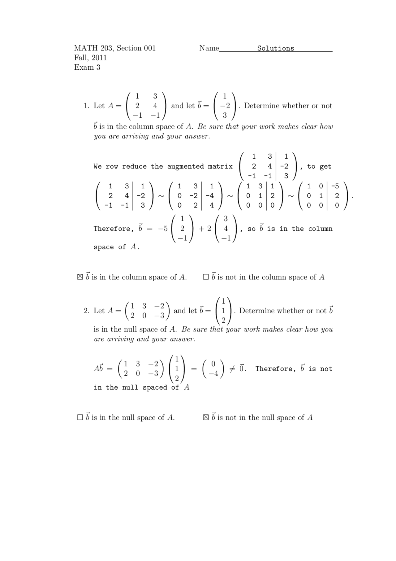 Exam 3 For Linear Algebra Fall 2011 Math 203 Docsity