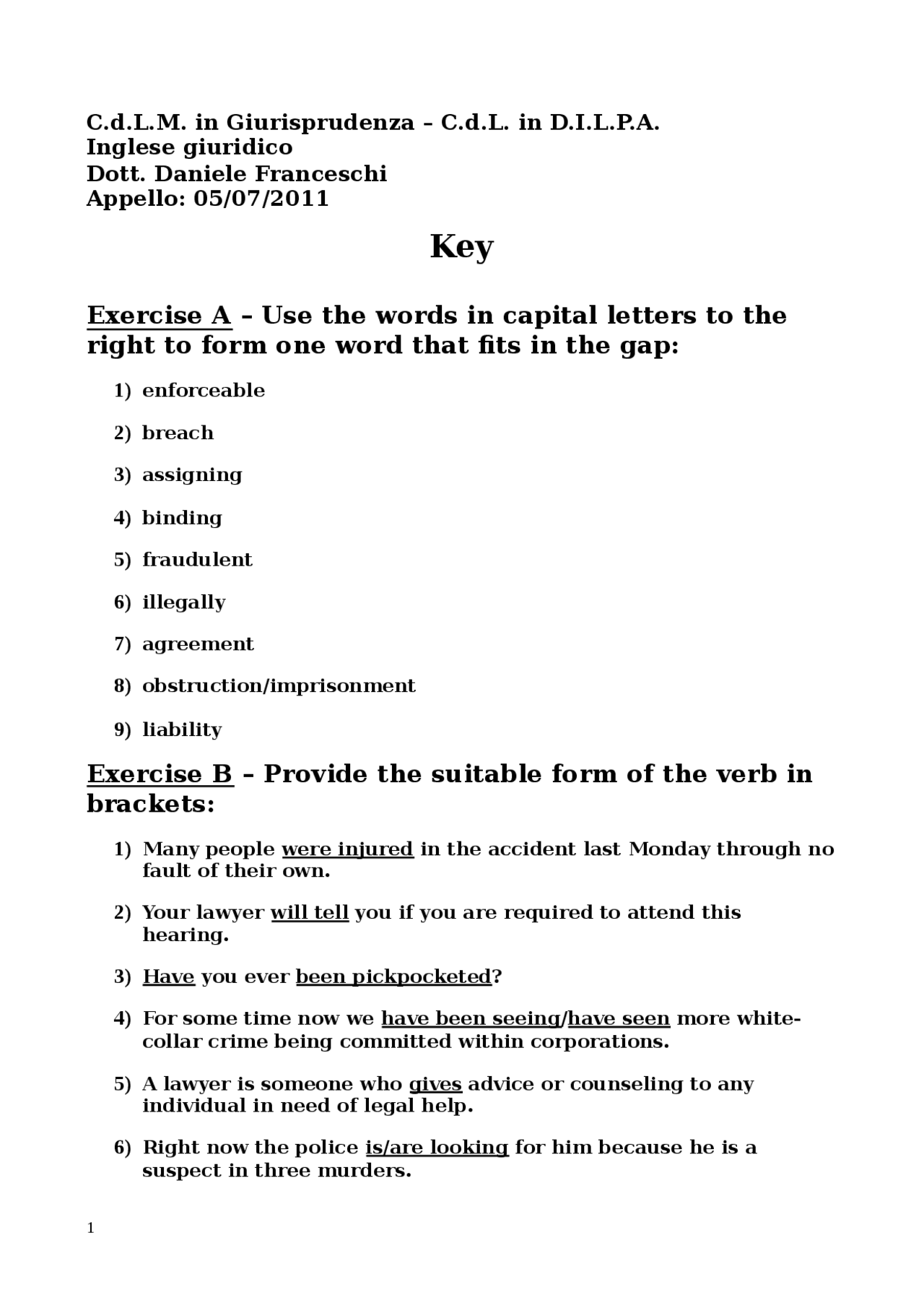 Esame Scritto Di Inglese Giuridico Docsity