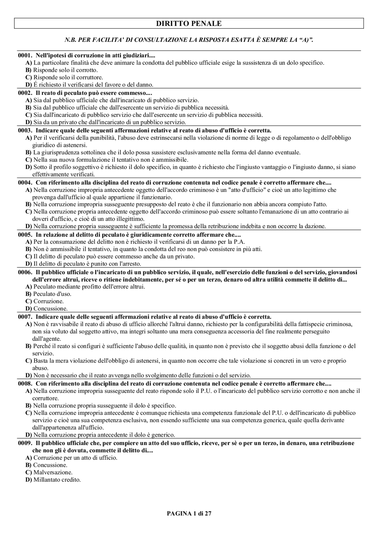 Quiz Di Diritto Penale Con Risposte Esatte Prima Parte Unisi