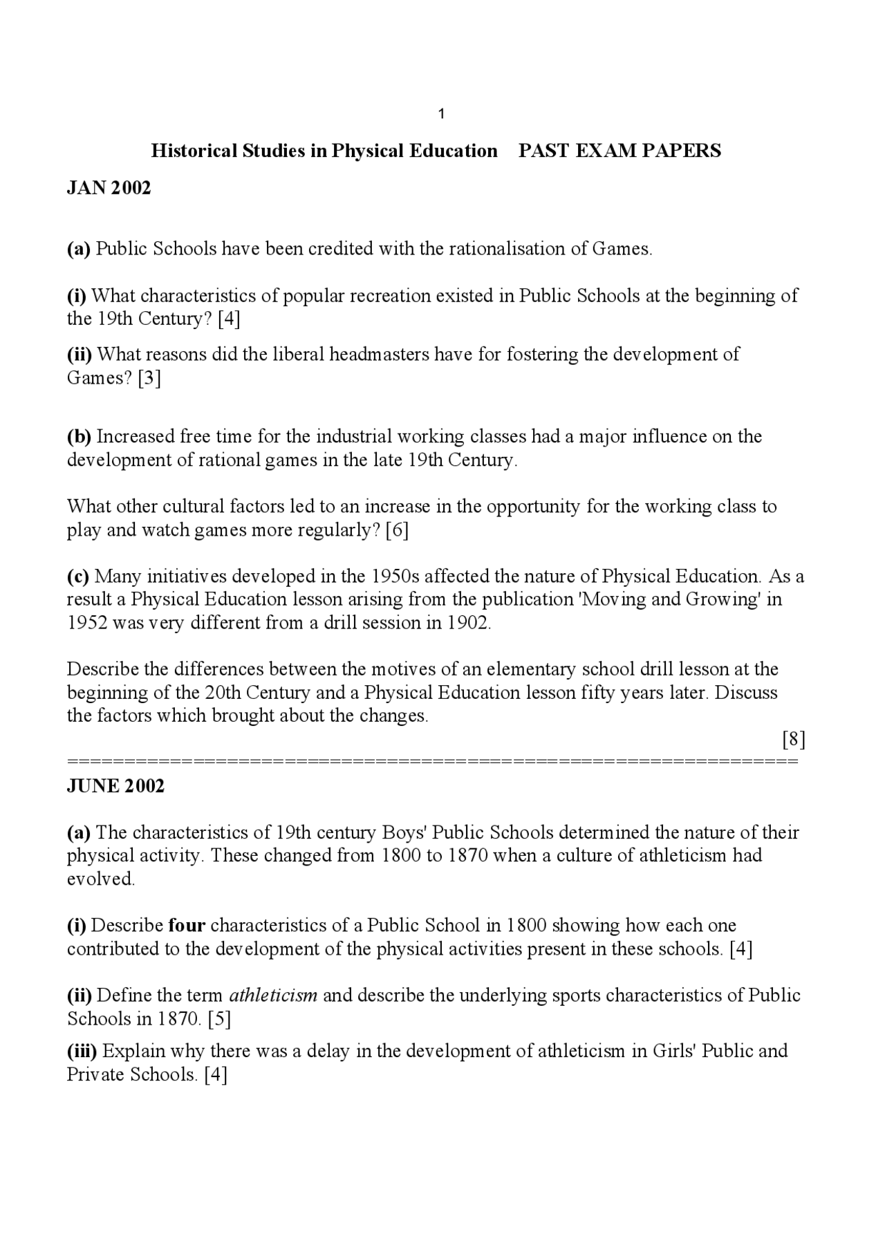 Historical Studies in Physical Education - Exam Paper 2002 - United ...