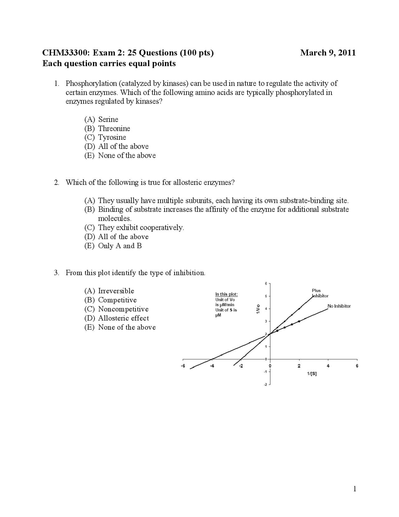 Exam 2 With 25 Questions Principles Of Biochemistry Chm 33300 Docsity