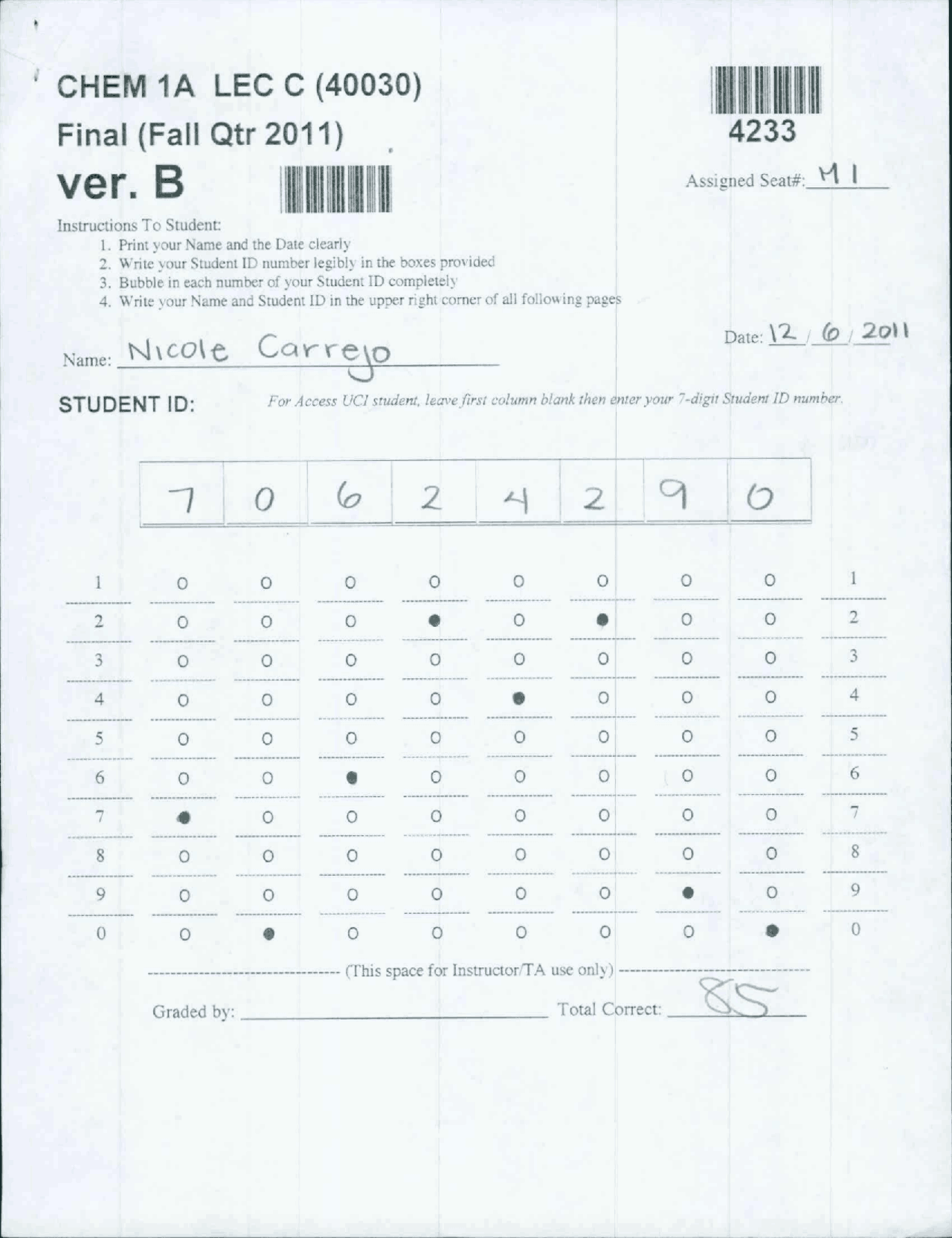 General Chemistry Final Paper With Answers Chem 1a Docsity