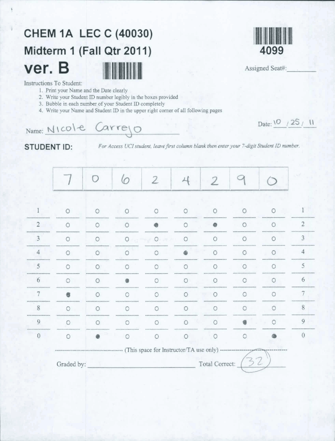 General Chemistry Solutions For Midterm Exam 1 Chem 1a Docsity