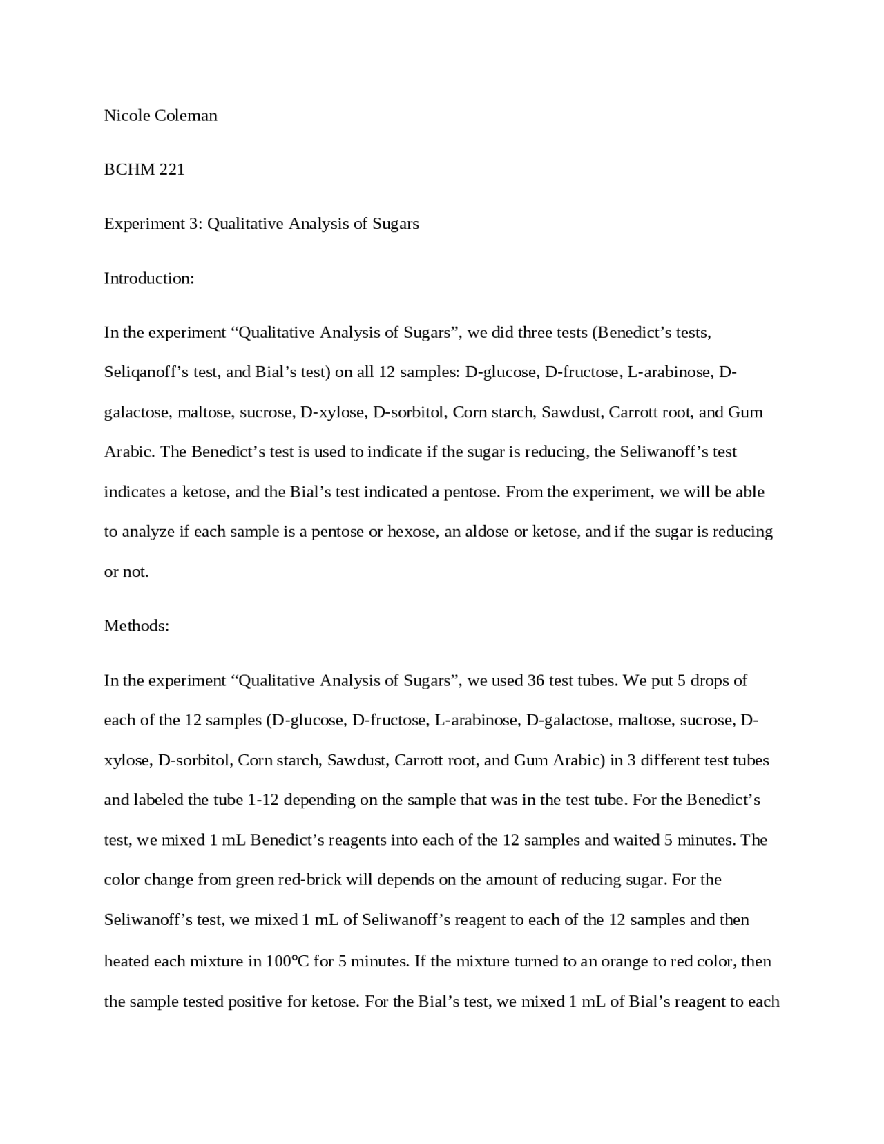 Notes on Qualitative Analysis of Sugars - Experiment 3 | BCHM 22100 ...