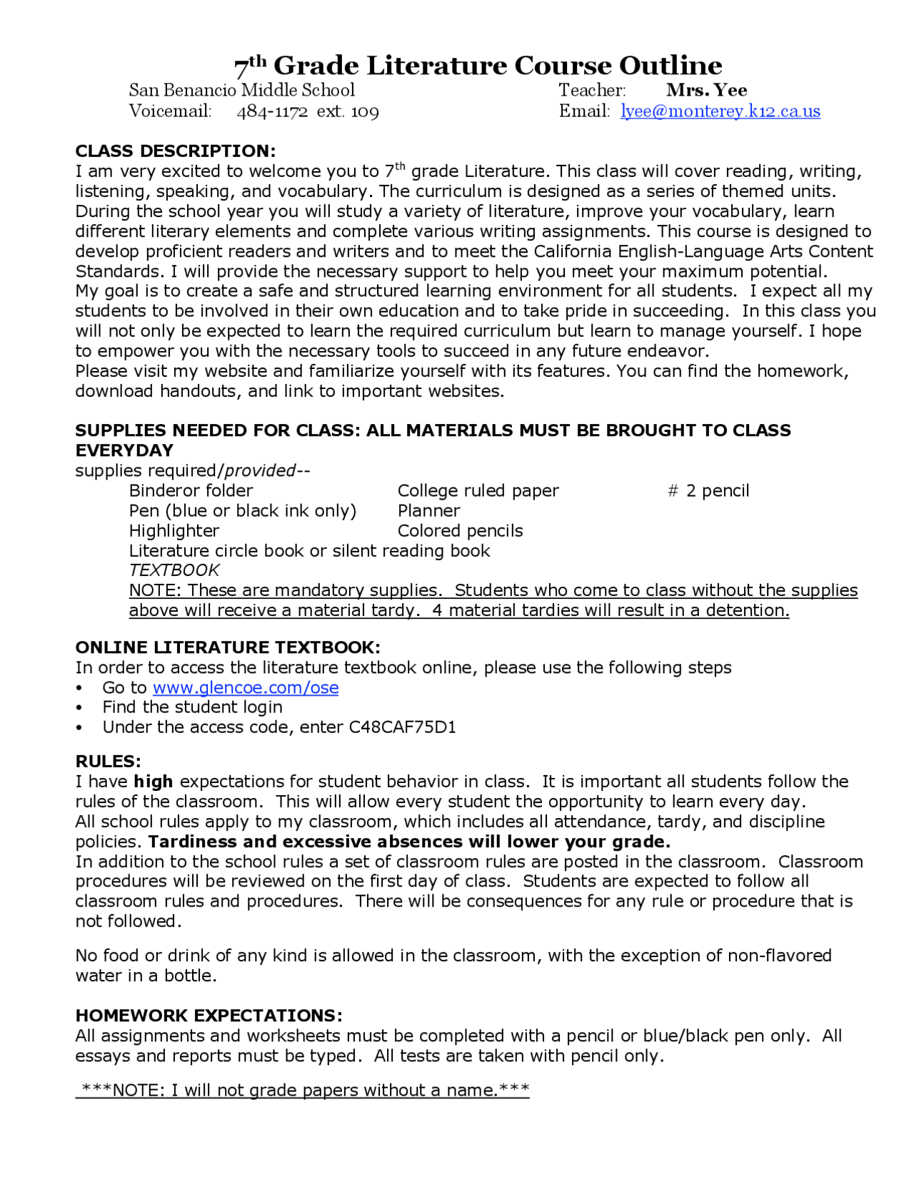 7th Grade Literature Course Outline - Lecture Notes - United State ...