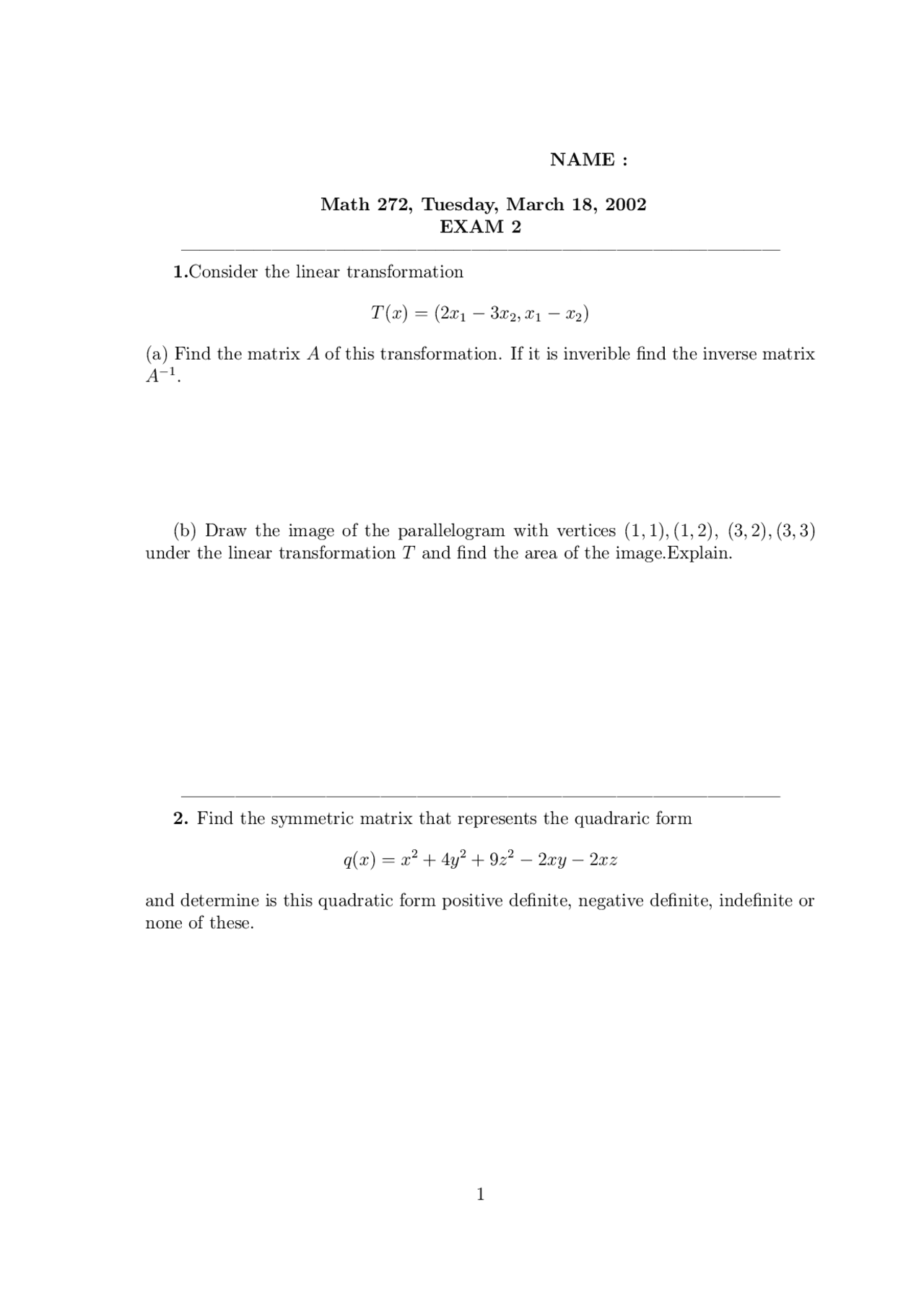 Exam 2 With 5 Questions Multivariable Calculus 2002 Math 2720