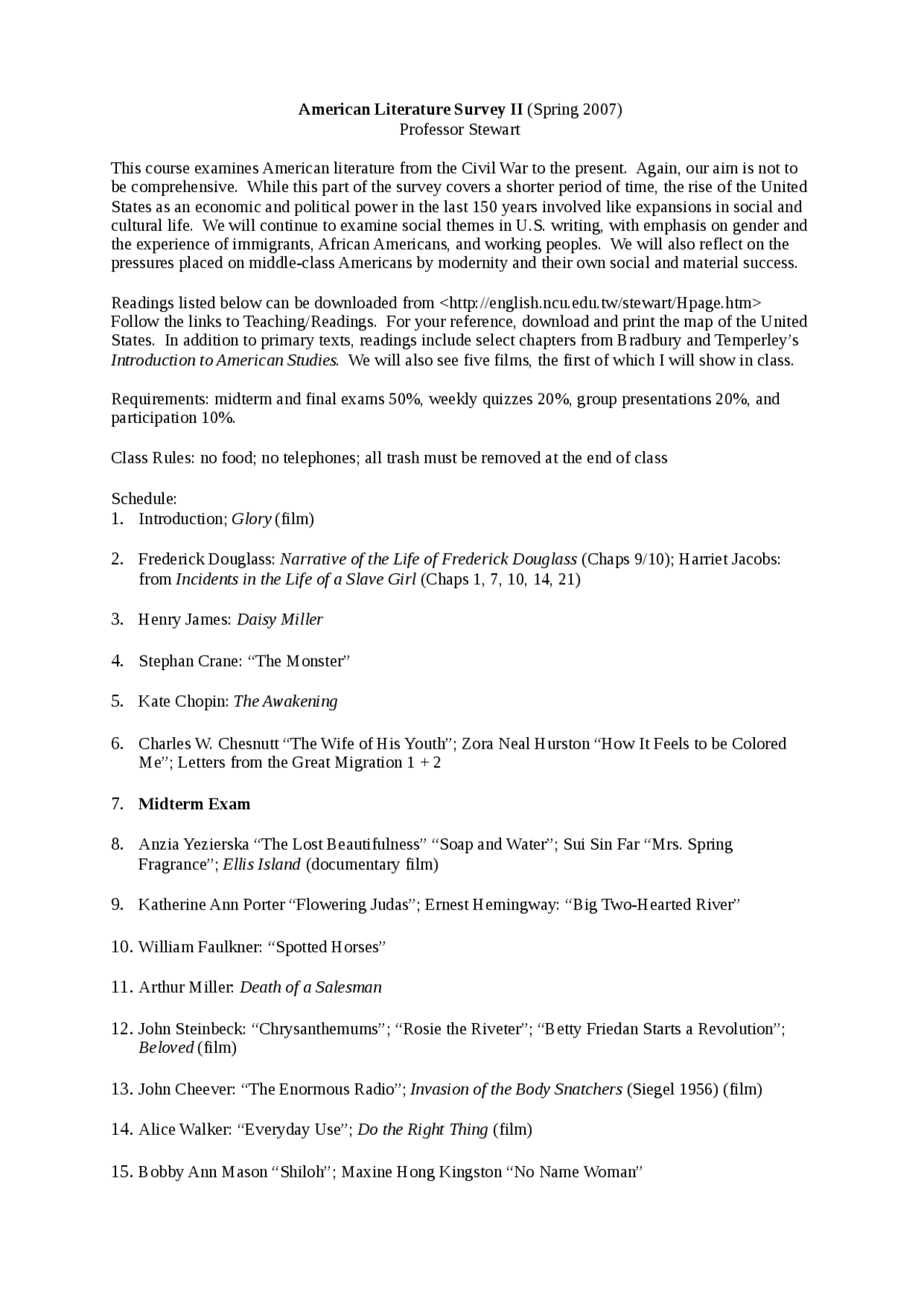 US Writing: Exploring Social Themes from Civil War to Present (Spring ...