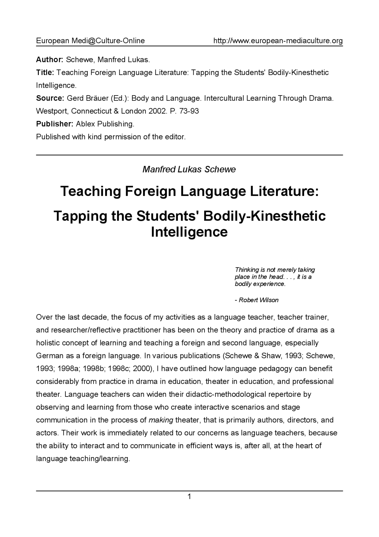 Tapping the Students' Bodily-Kinesthetic Intelligence - Lecture Notes ...