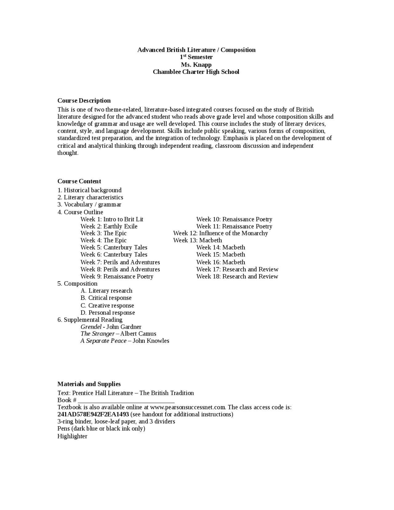 Advanced British Literature Composition - Lecture Notes - United State ...