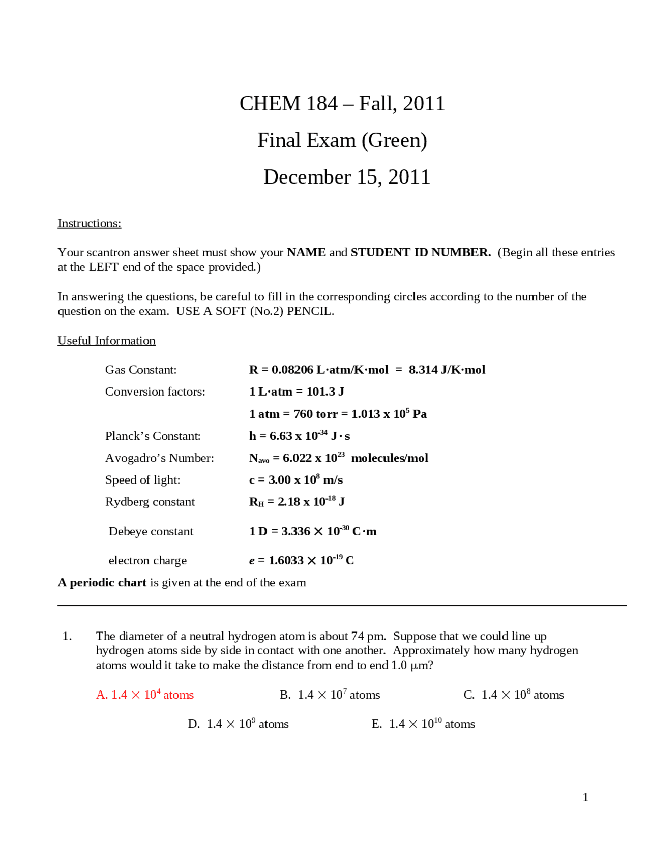 Final Exam For Foundations Of Chemistry I Chem 184 Docsity