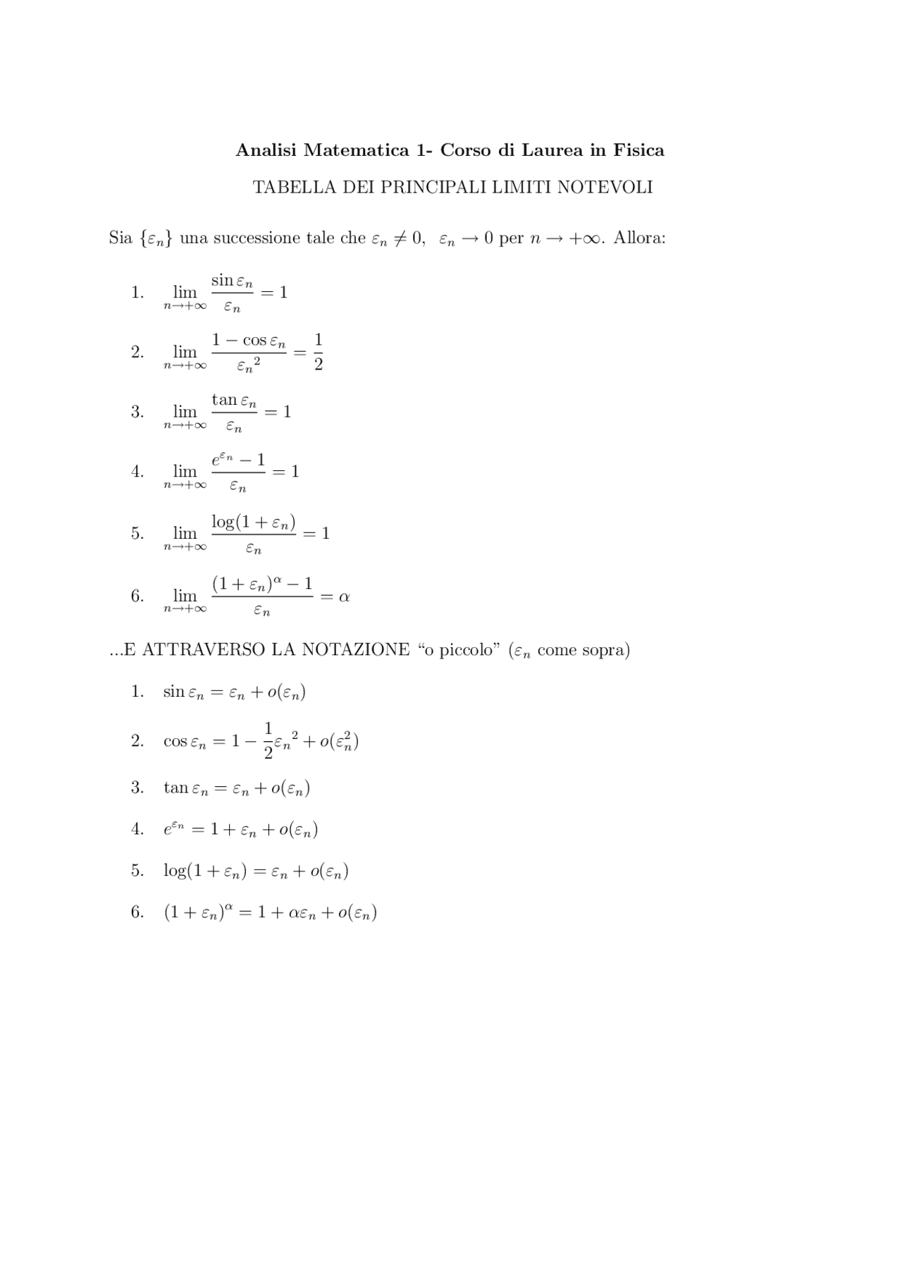 Limiti Notevoli Successioni Appunti Di Analisi Matematica I Docsity
