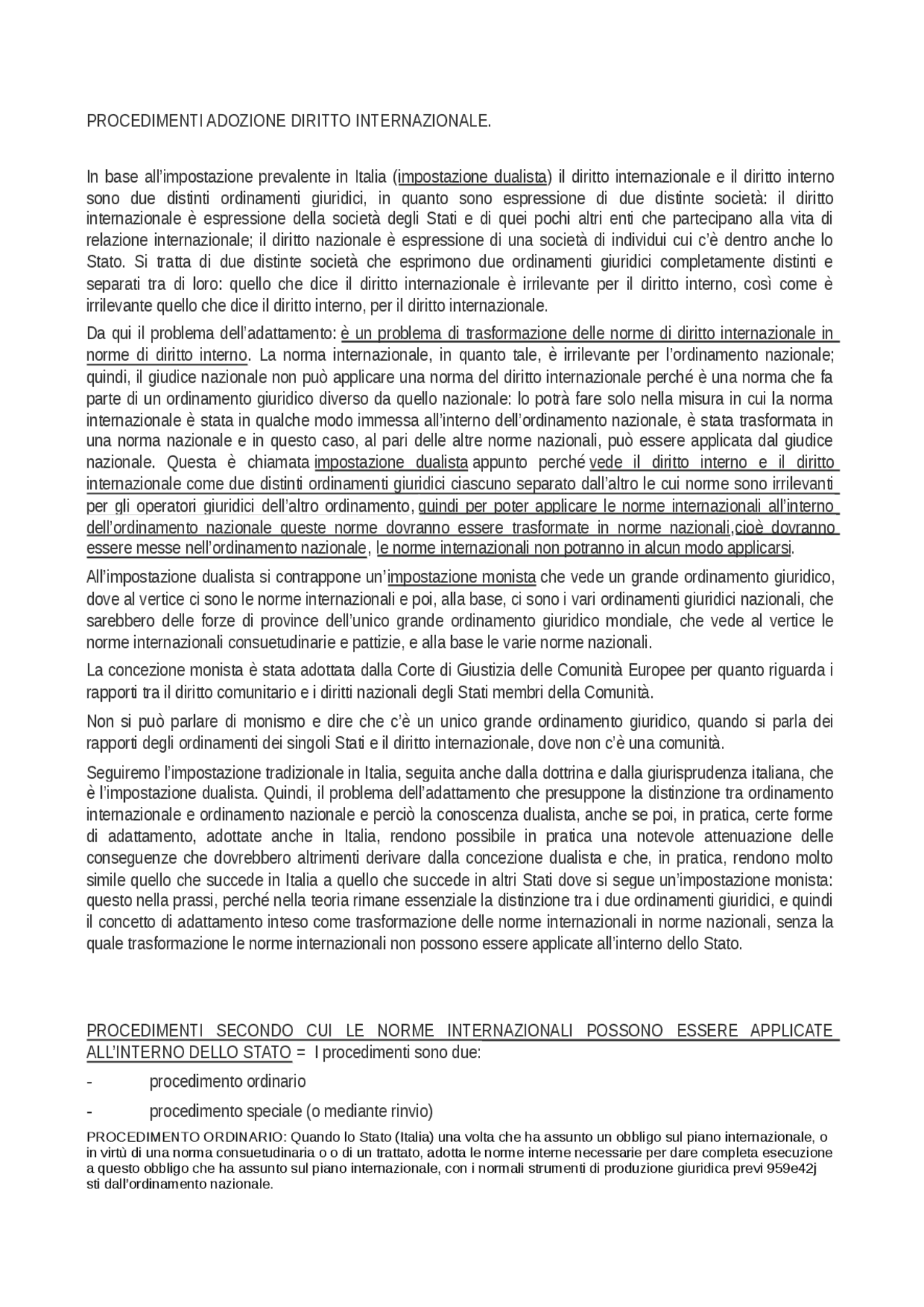 PROCEDIMENTI ADOZIONE DIRITTO INTERNAZIONALE | Appunti di Diritto Comunitario | Docsity