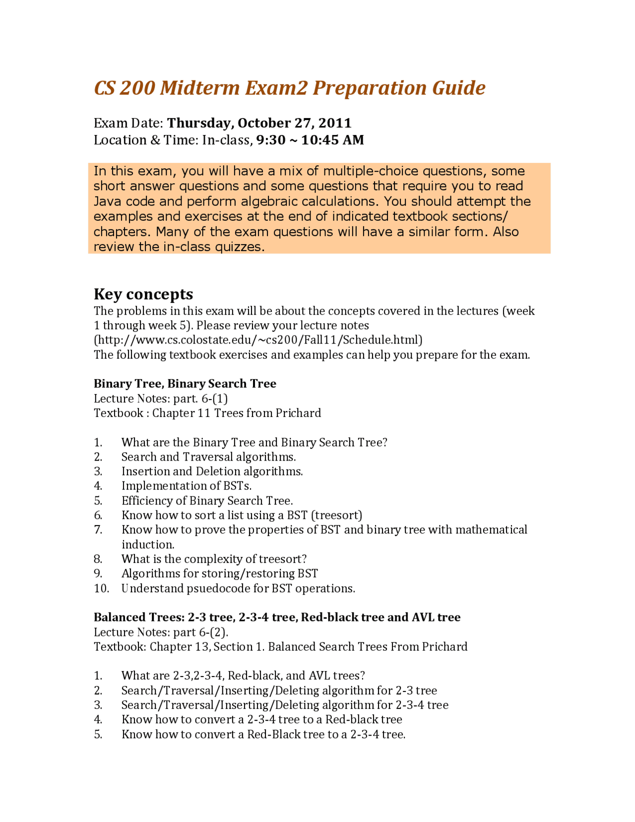 Midterm Exam 2 Preparation Guide Algorithms And Data Structures Cs