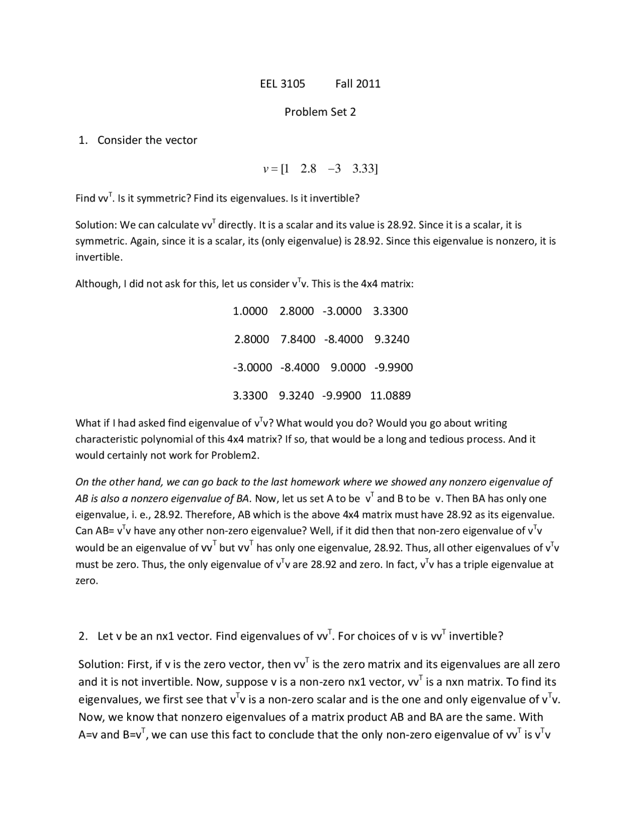 Problem Set 2 With Solution Analytical Methods Exam 3 Eel 3105
