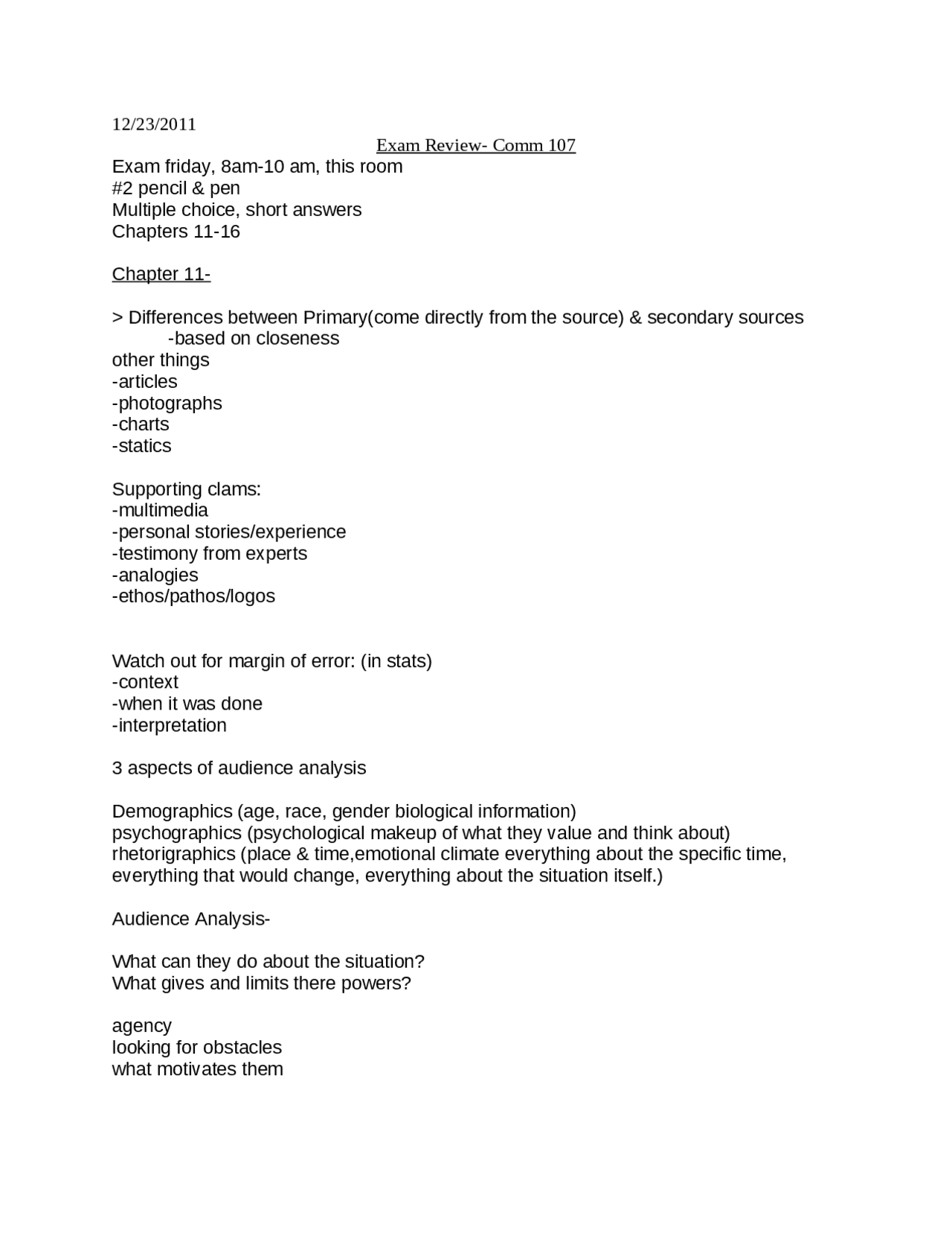Final Exam Review Sheet Oral Common Principles Comm 107 Docsity