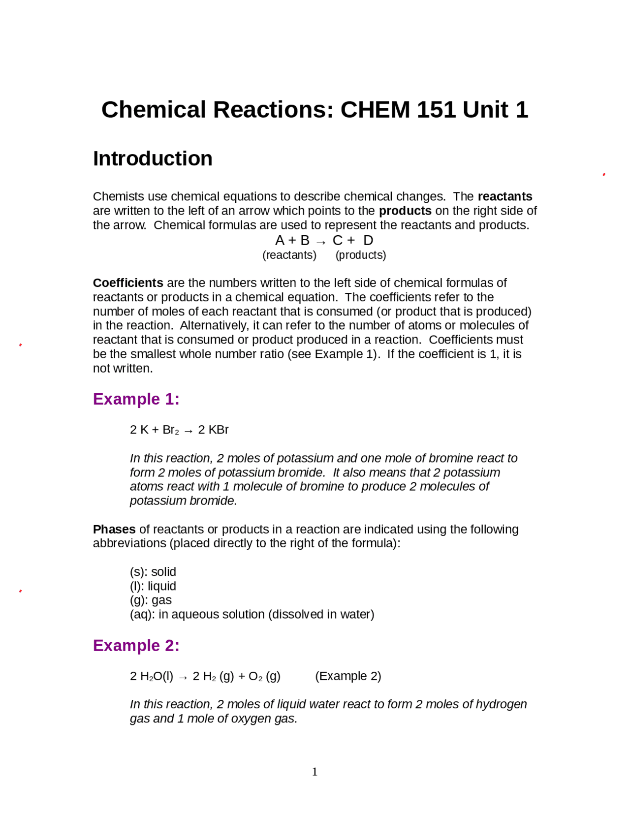 Notes On Reactants And Balancing General Chemistry Lecture I Chem