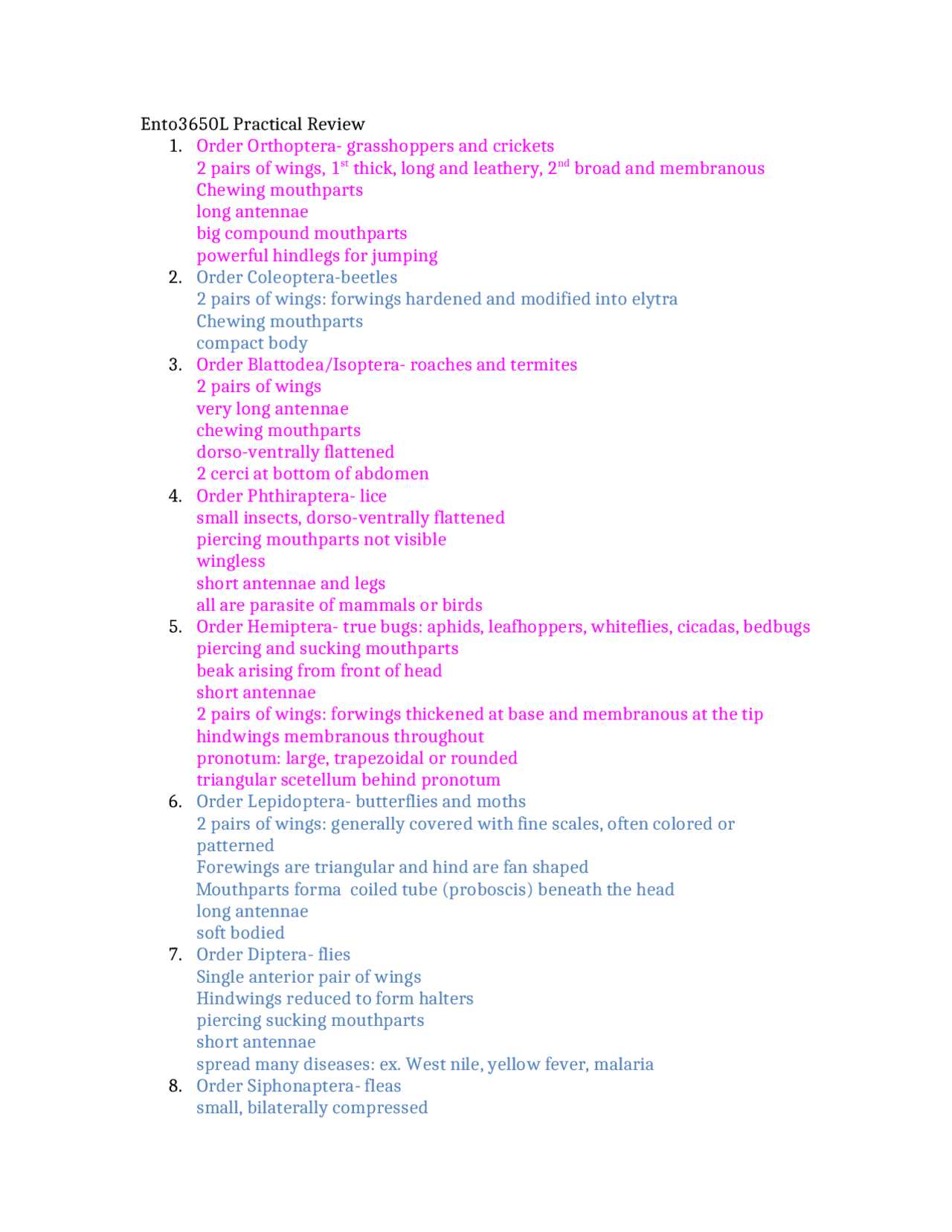 Medical Entomology - Lab Practice 1 Review | ENTO 3650 - Docsity