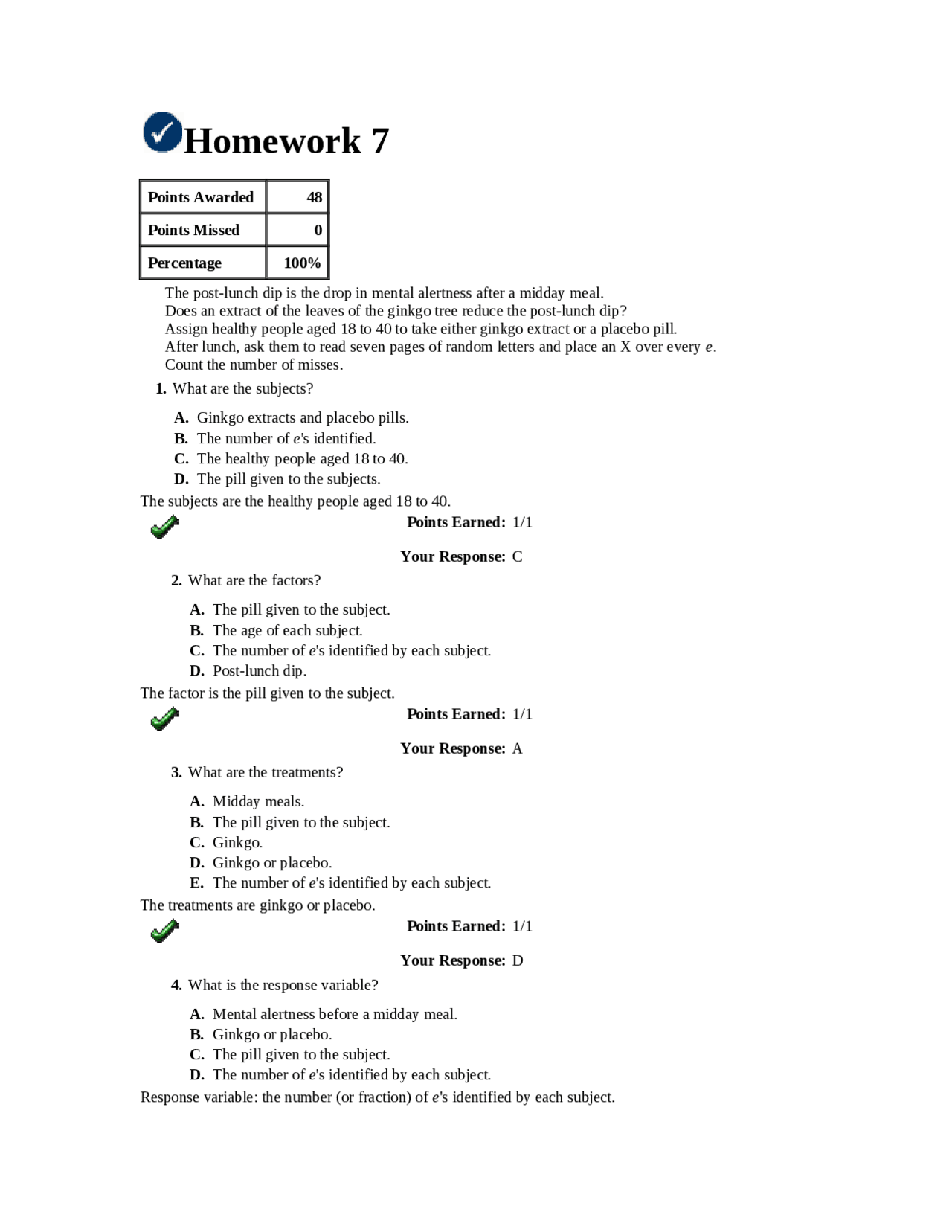 Homework 7 For Introduction To Statistics I Rig Stat 2231 Docsity