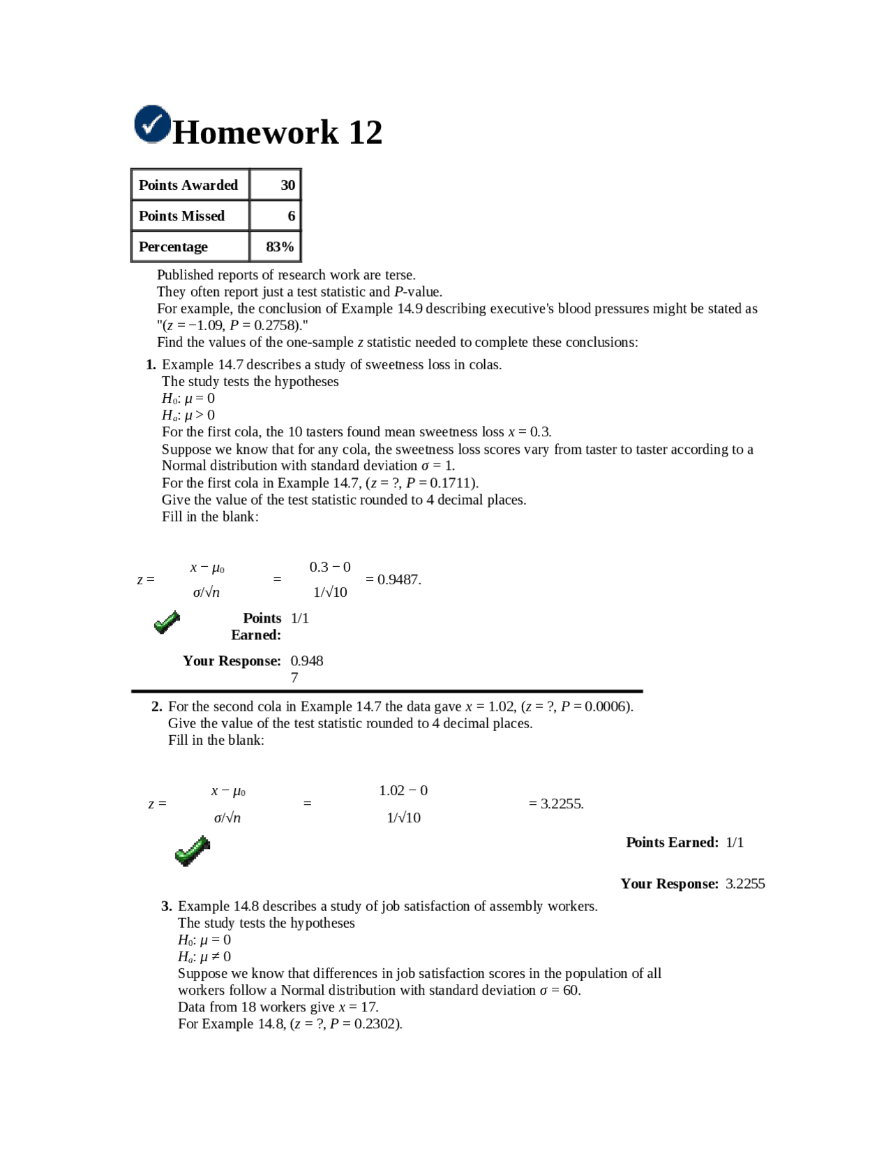 Homework 12 For Introduction To Statistics I Stat 2231 Docsity