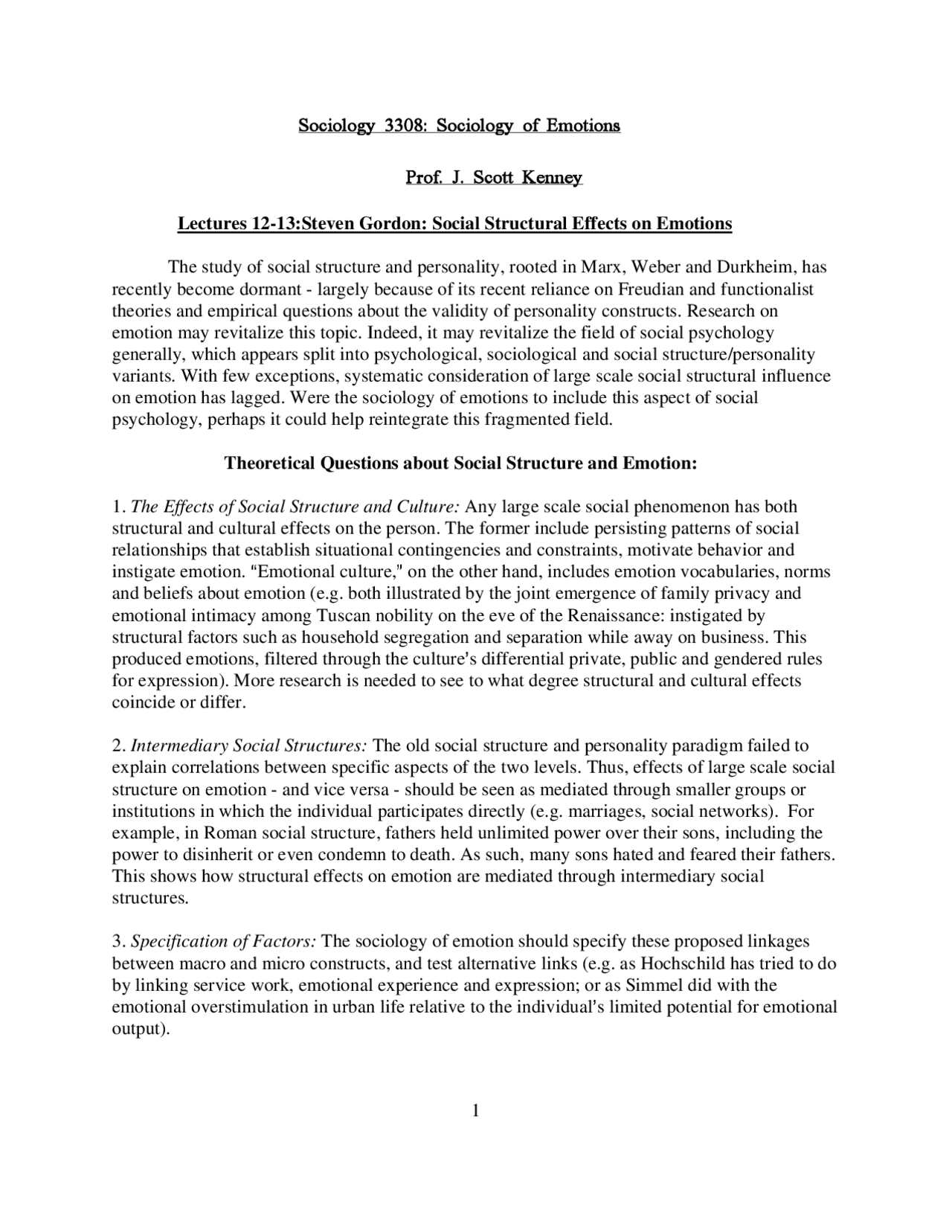 Sociology Of Emotions Lecturenotes 12 13 Sociology Docsity