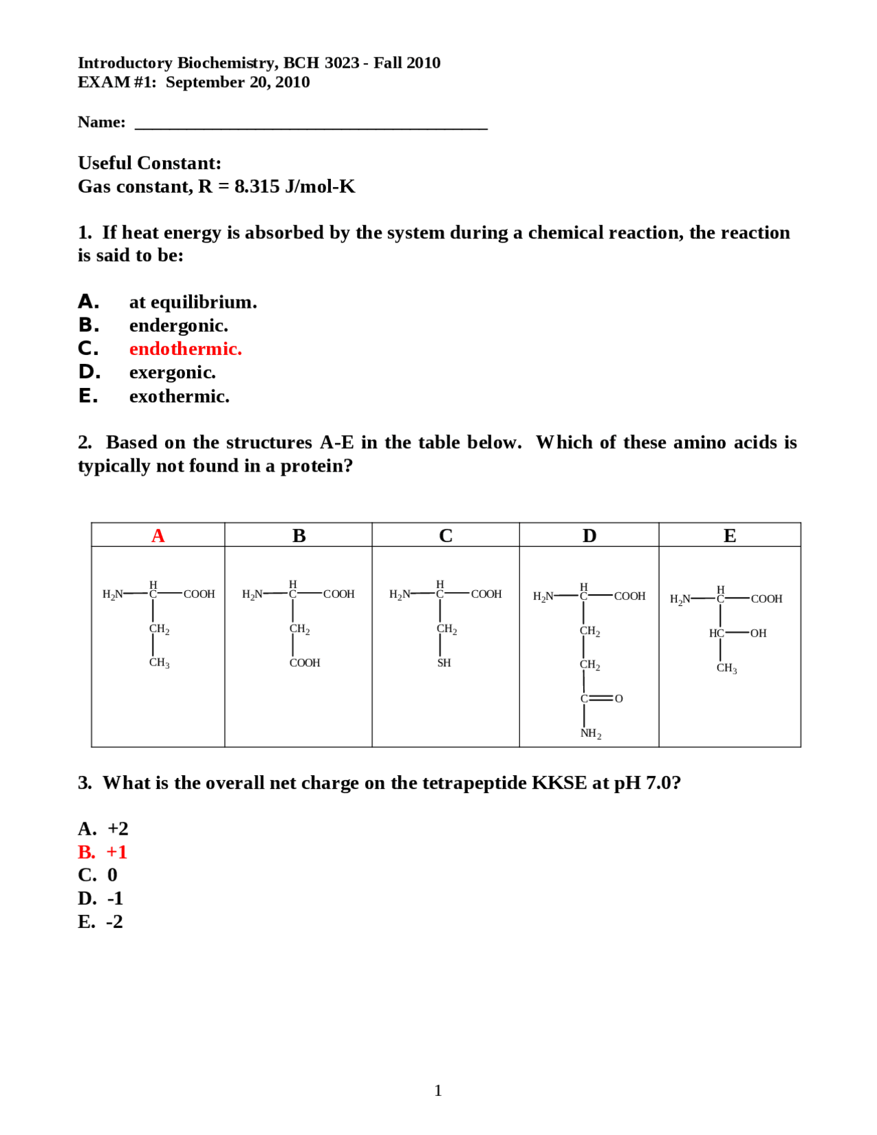 Exam I Solutions For Introductory Biochemistry Bch 3023 Docsity