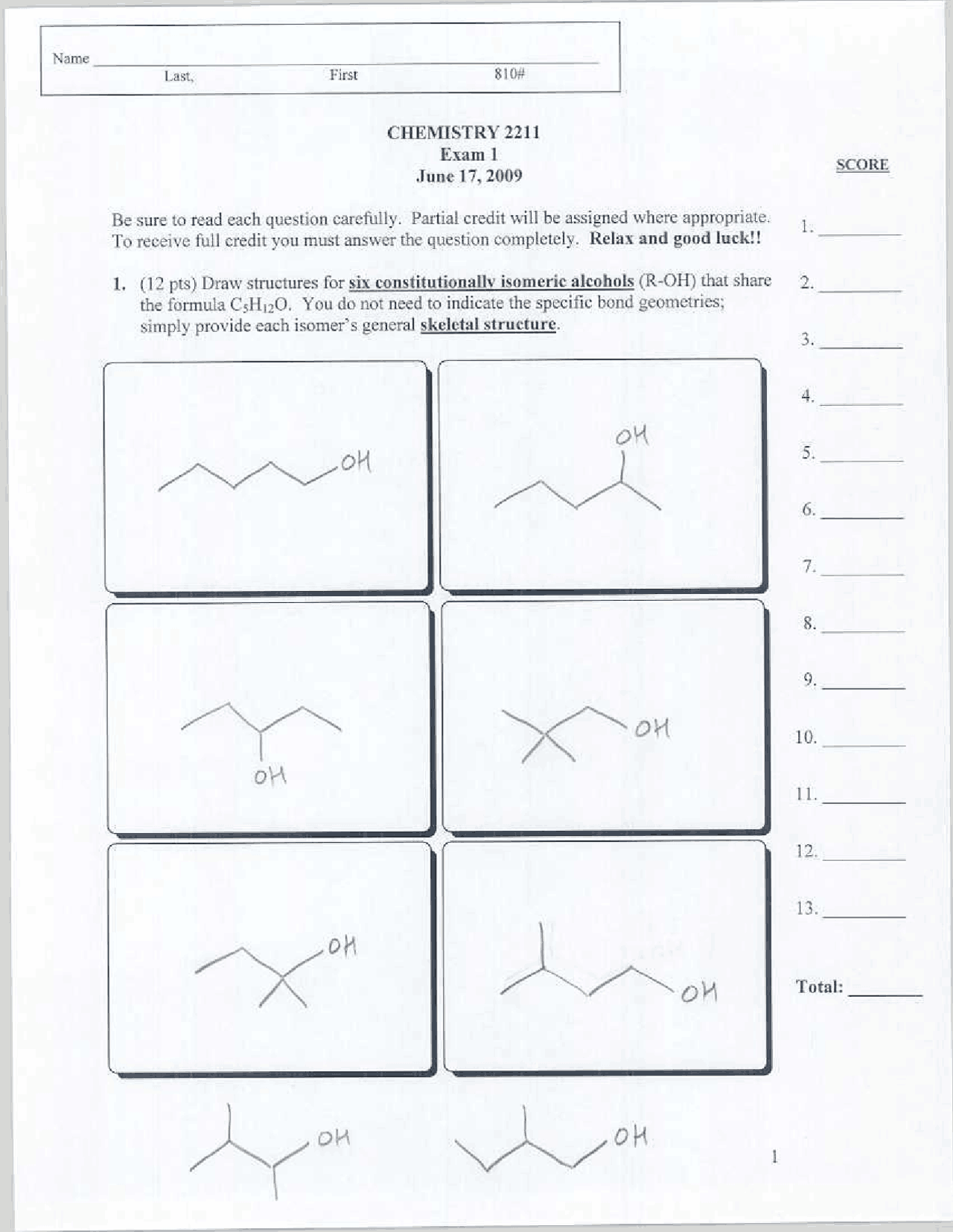 Modern Organic Chemistry I - Exam 1 with Solutions | CHEM 2211 - Docsity