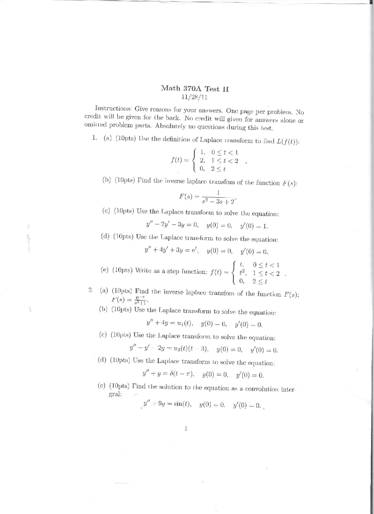 Test 2 With Questions Applied Mathematical I Math 370a Docsity