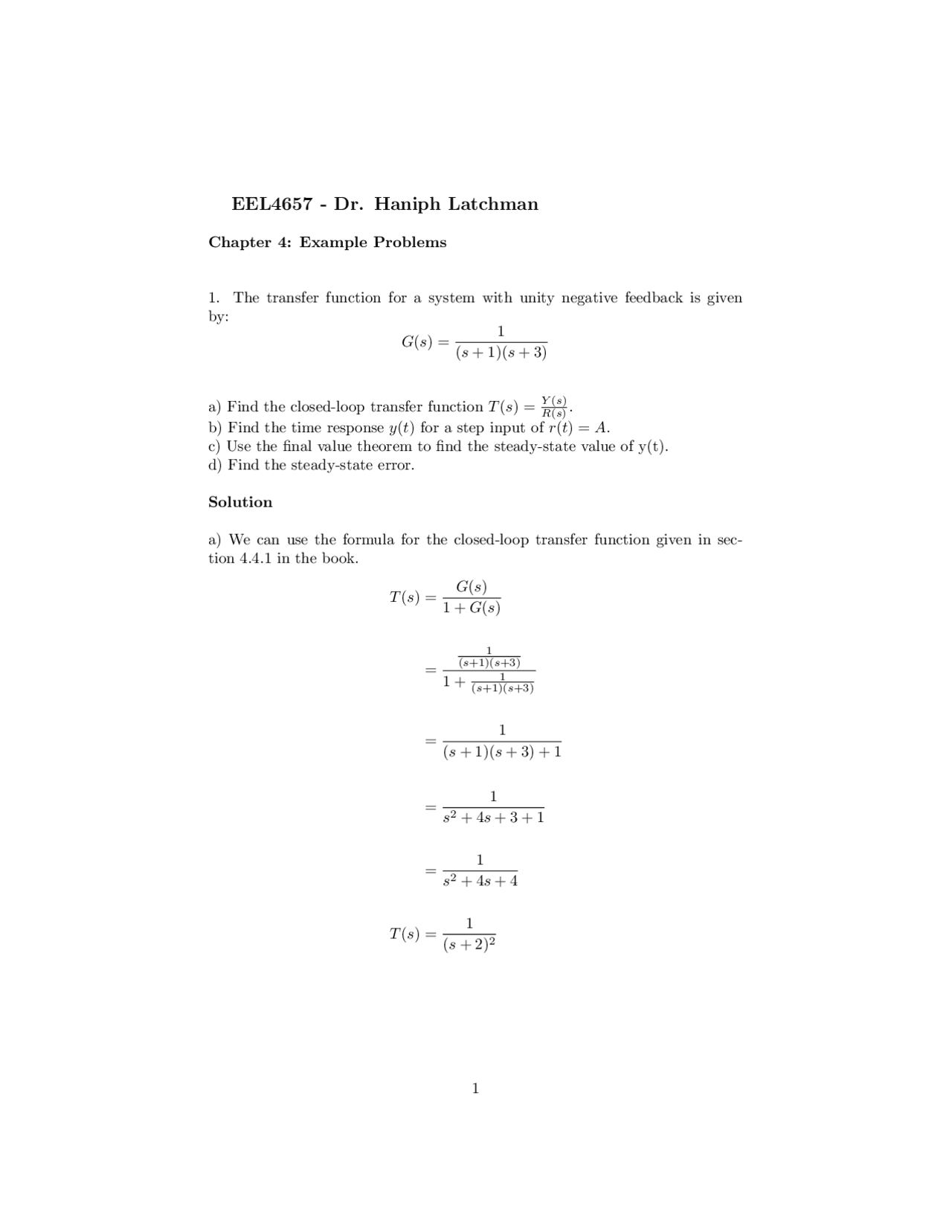 Solutions Of Example Problems Linear Control System Eel 4657 Docsity