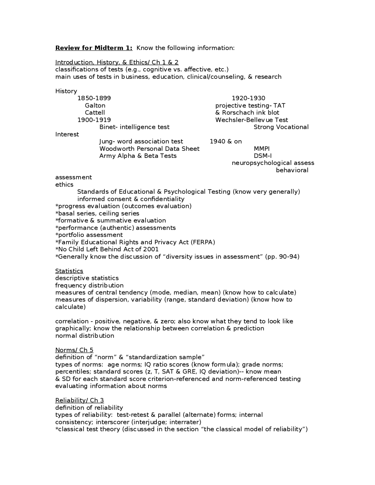 Review For Midterm Exam 1 Psychological Tests Psyc 3200 Docsity