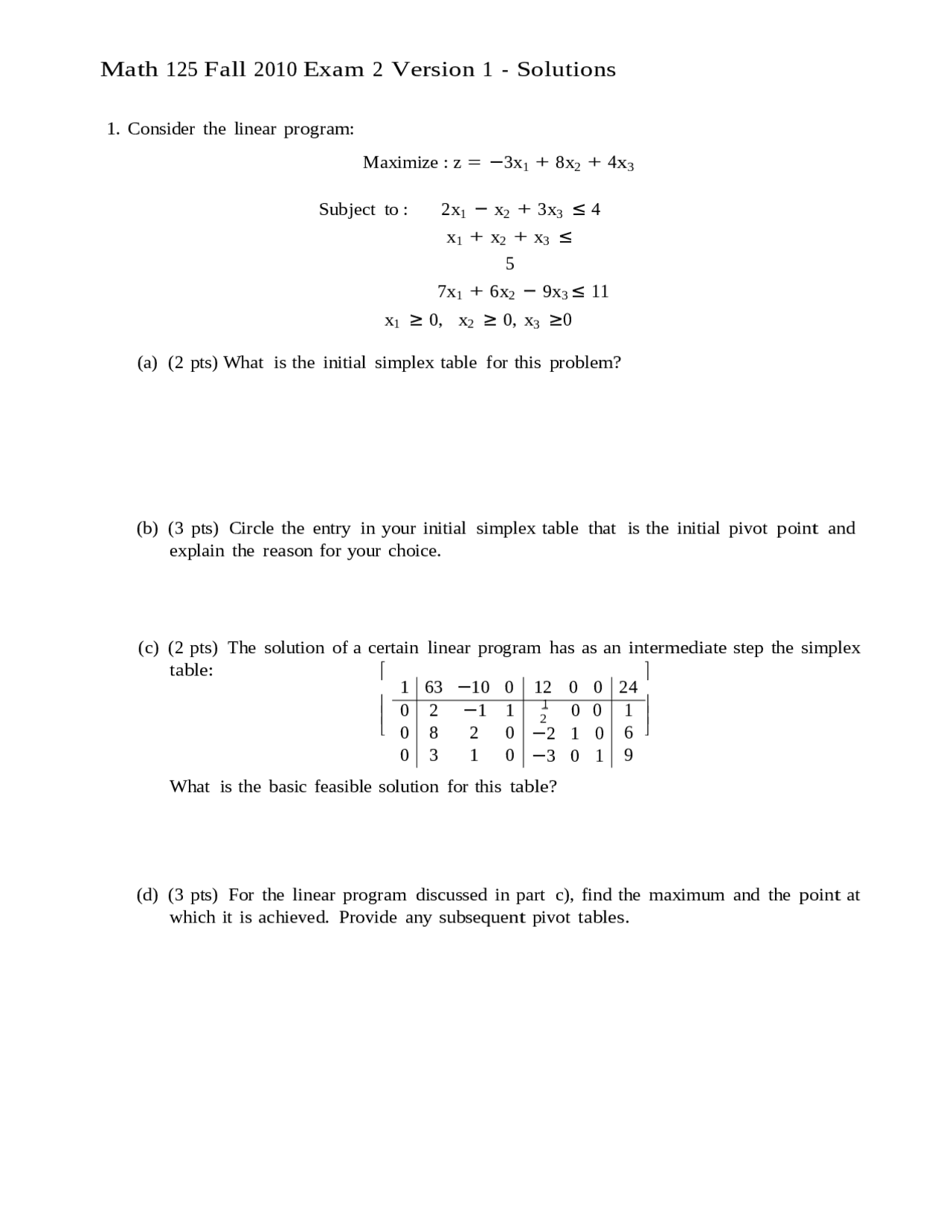 Exam 2 Solutions - Elementary Linear Algebra | MATH 125 - Docsity
