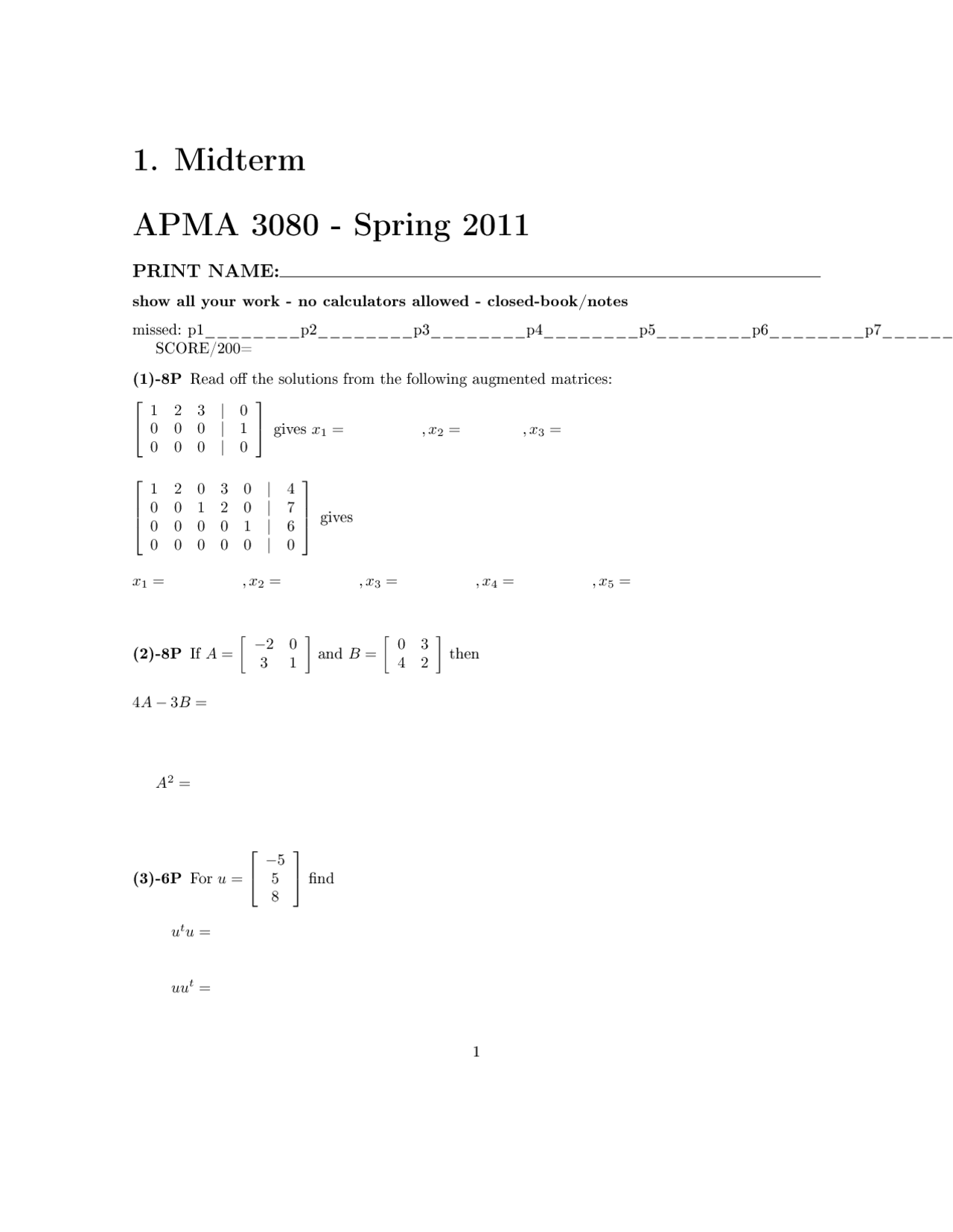 Midterm Exam Question for Practice - Linear Algebra | APMA 3080 - Docsity
