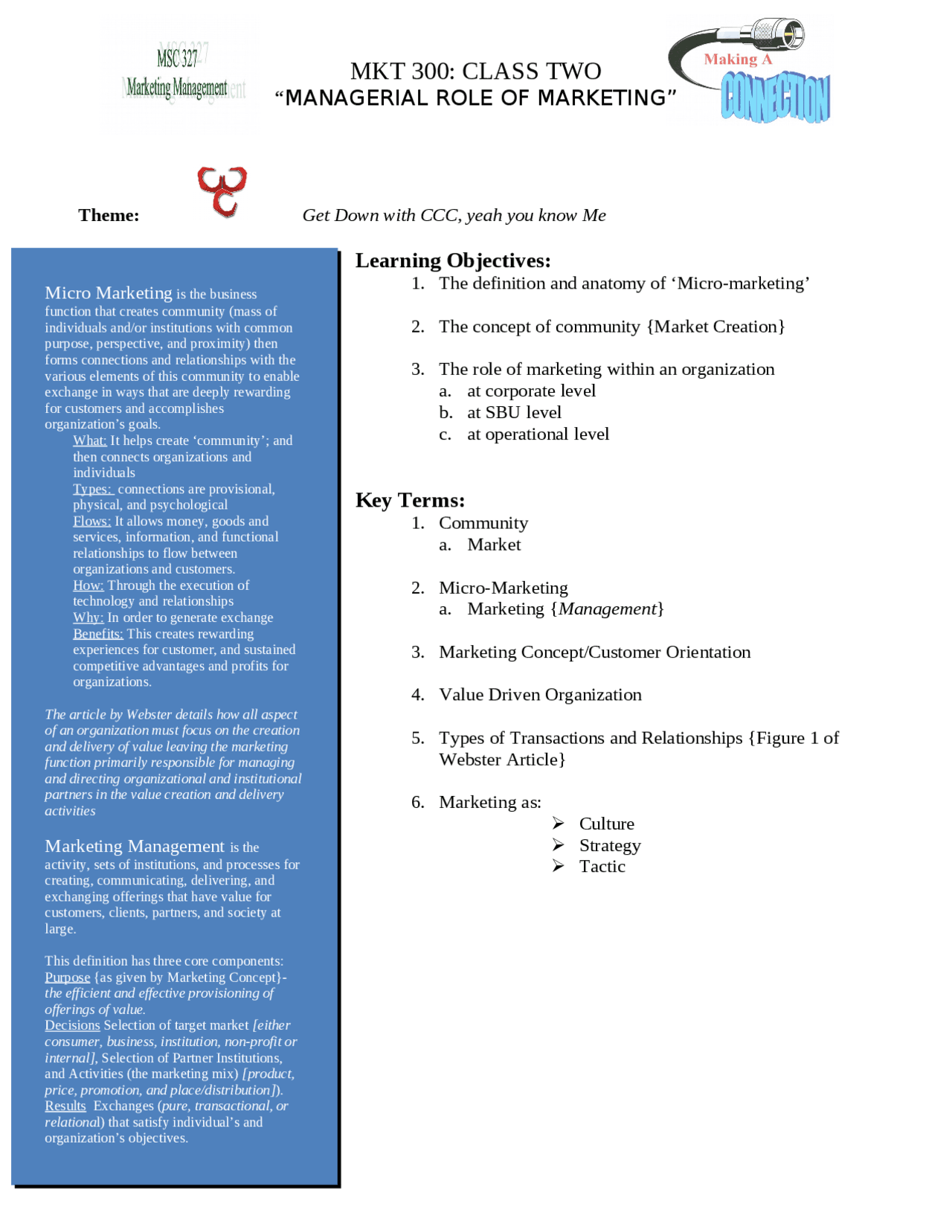 Class 2 Notes Managerial Role Of Marketing Mkt 300 Docsity