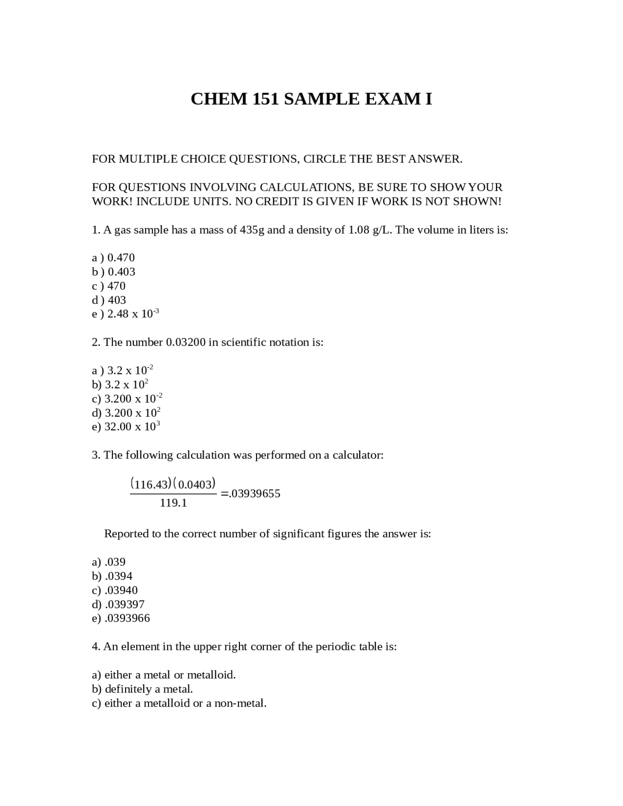 Sample Exam 1 General Chemistry Lecture I Chem 151 Docsity