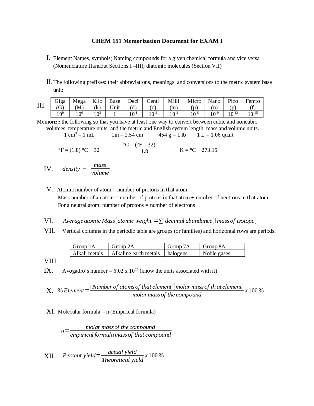 Memorization Document For Exam 1 General Chemistry Lecture I Chem